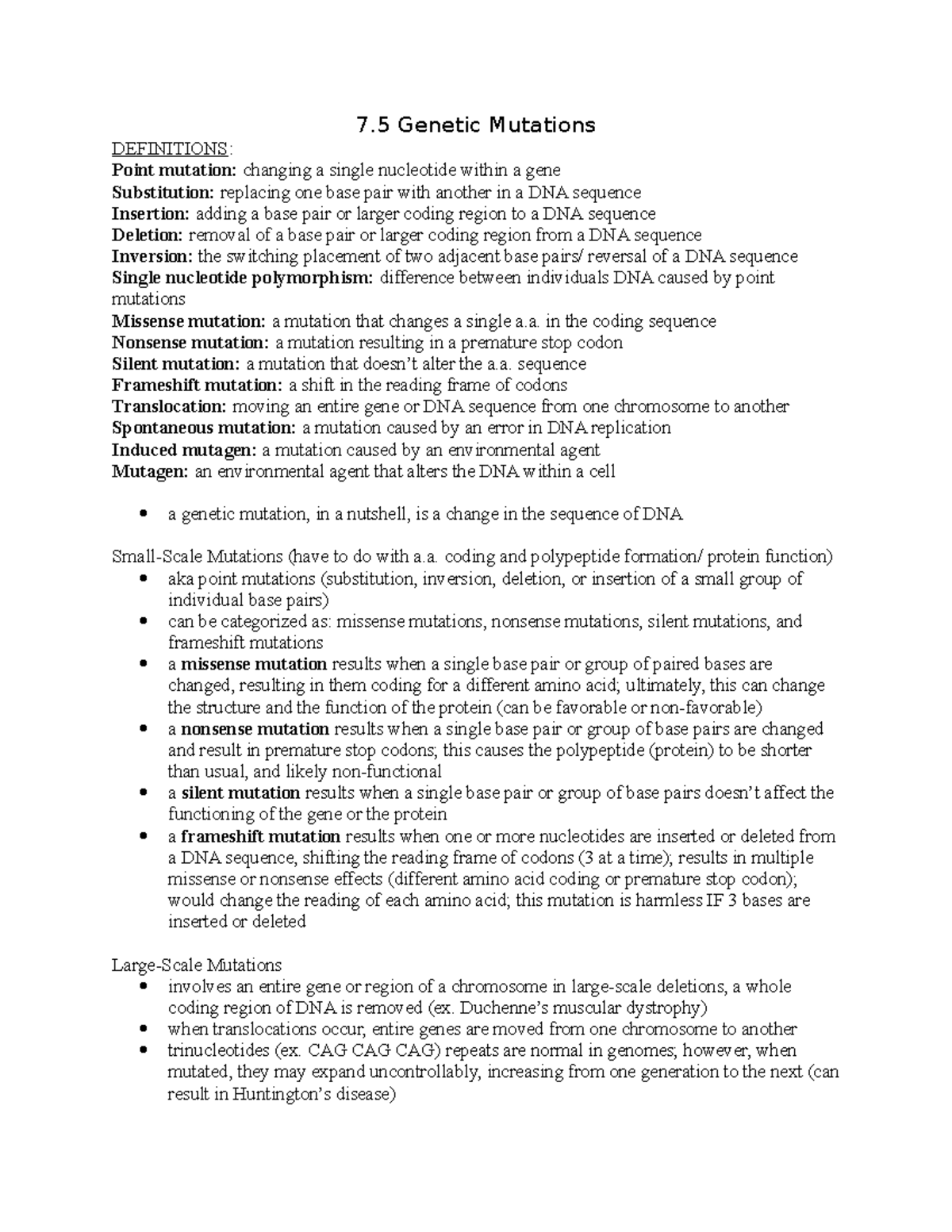 Mutations notes (molecular genetics) - 7 Genetic Mutations DEFINITIONS ...