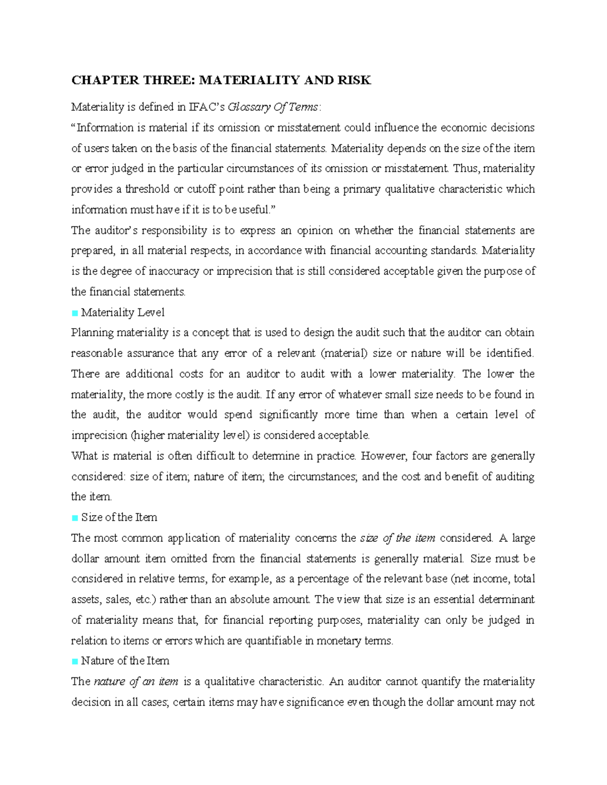 Audit principle and practice 1 chapter 1 - CHAPTER THREE: MATERIALITY ...