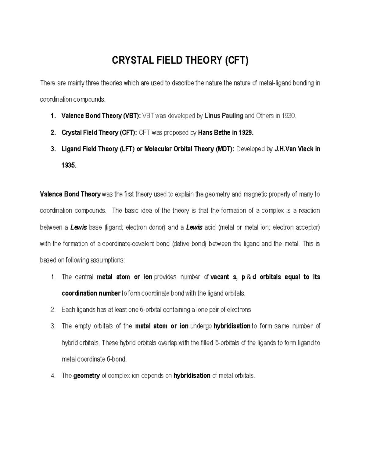 Crystal Field Theory - Study well - CRYSTAL FIELD THEORY (CFT) There ...