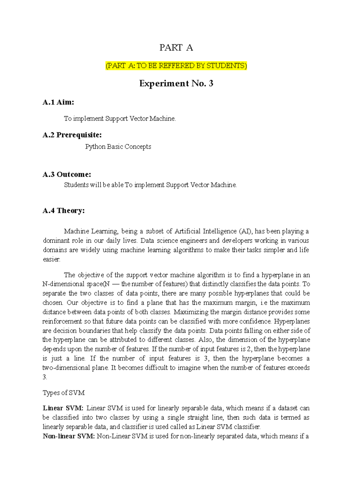 ML30000EXP NO 3 - PART A (PART A: TO BE REFFERED BY STUDENTS) Experiment No. 3 A Aim: To ...