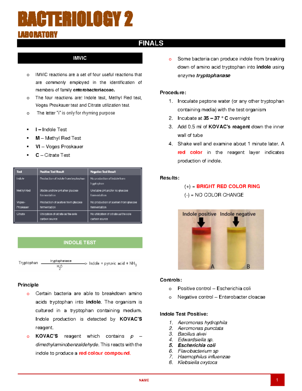 Bacteriology LAB Imvic Reviewer - BACTERIOLOGY 2 LABORATORY FINALS ...