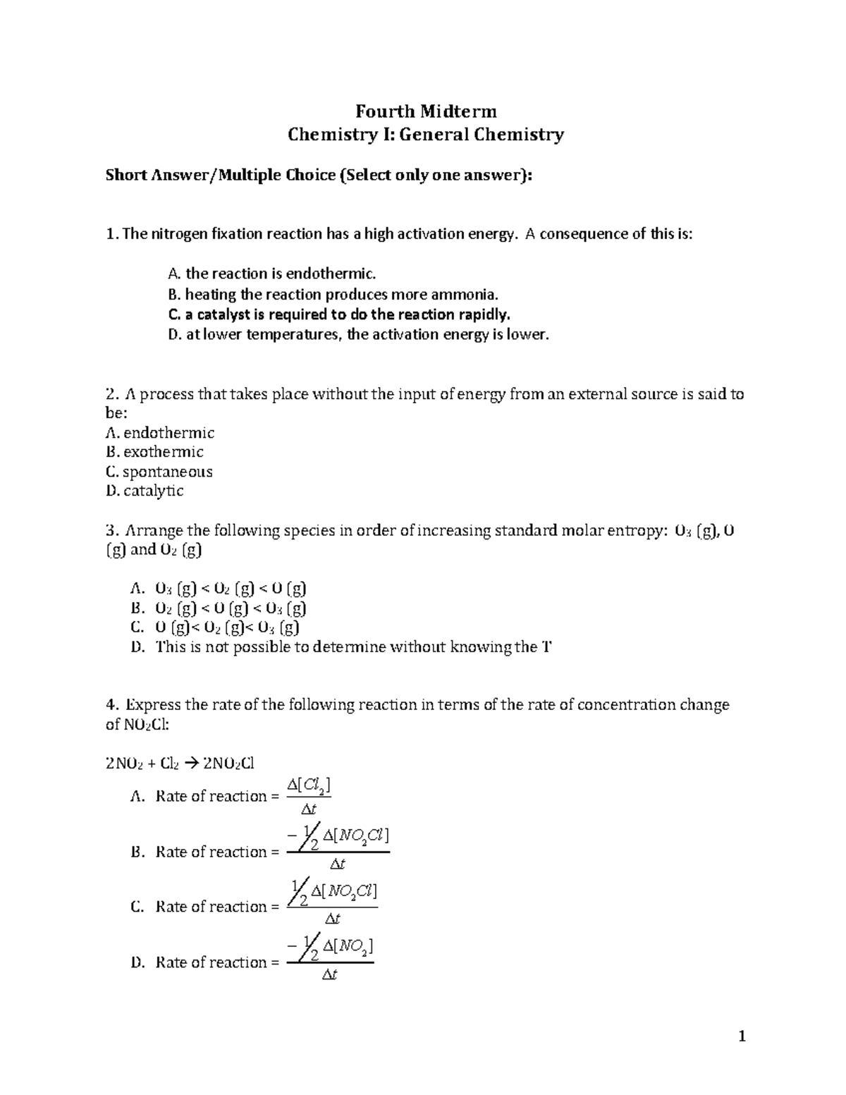Practice midterm four 2019 - Fourth Midterm Chemistry I: General ...