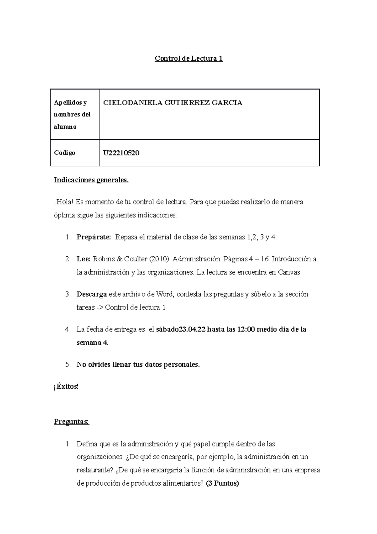 Control de Lectura - ¡Hola! Es momento de tu control de lectura. Para ...