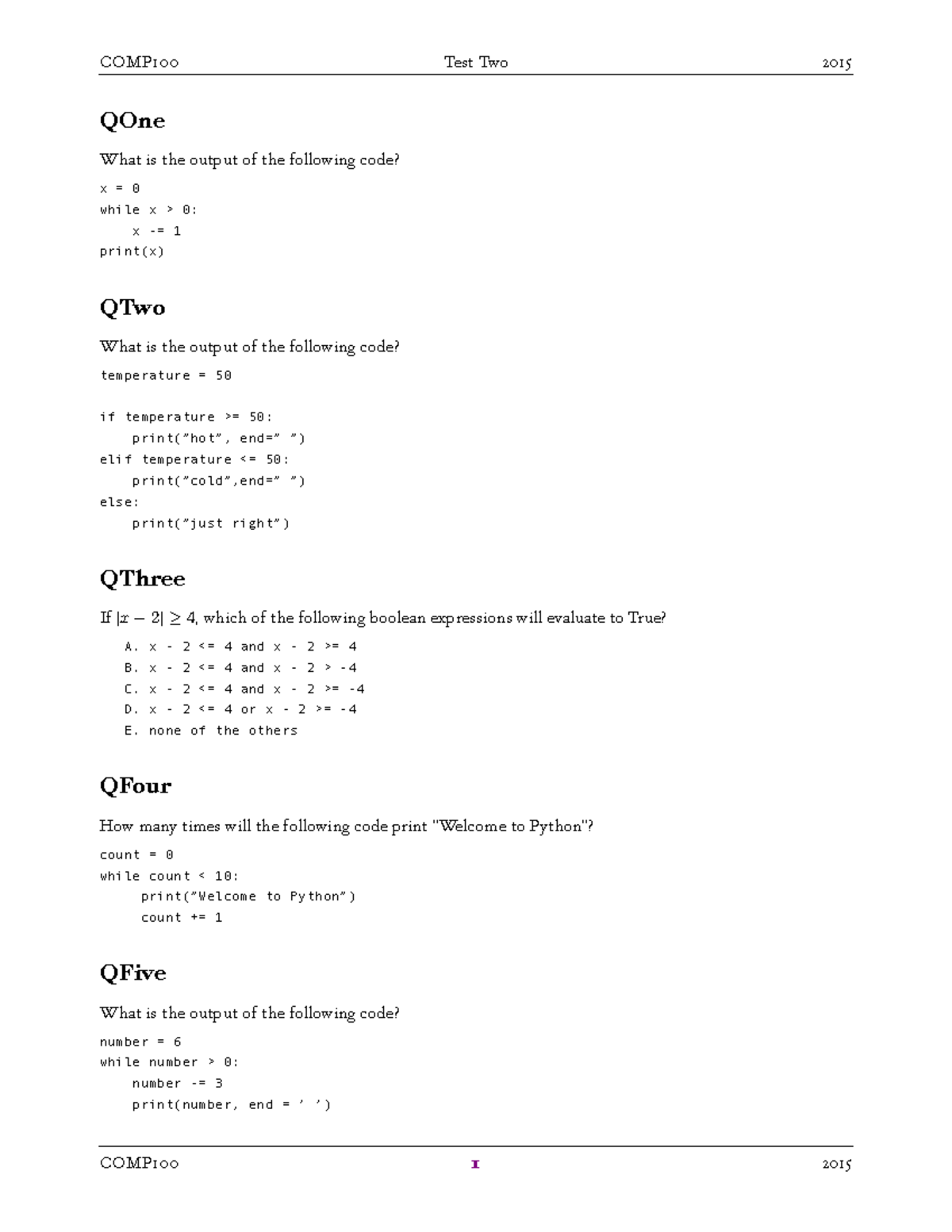 SI Worksheet Revision - SI session questions - QOne What is the output of the following code? x ...