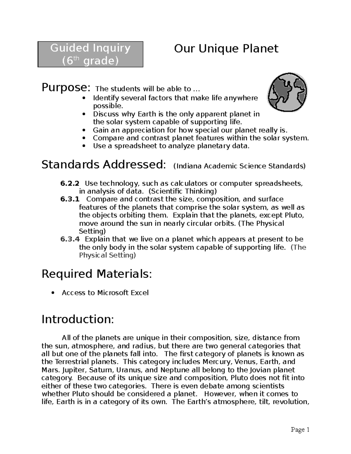 Our Unique Planet - study notes - Guided Inquiry ( th grade) Our Unique ...
