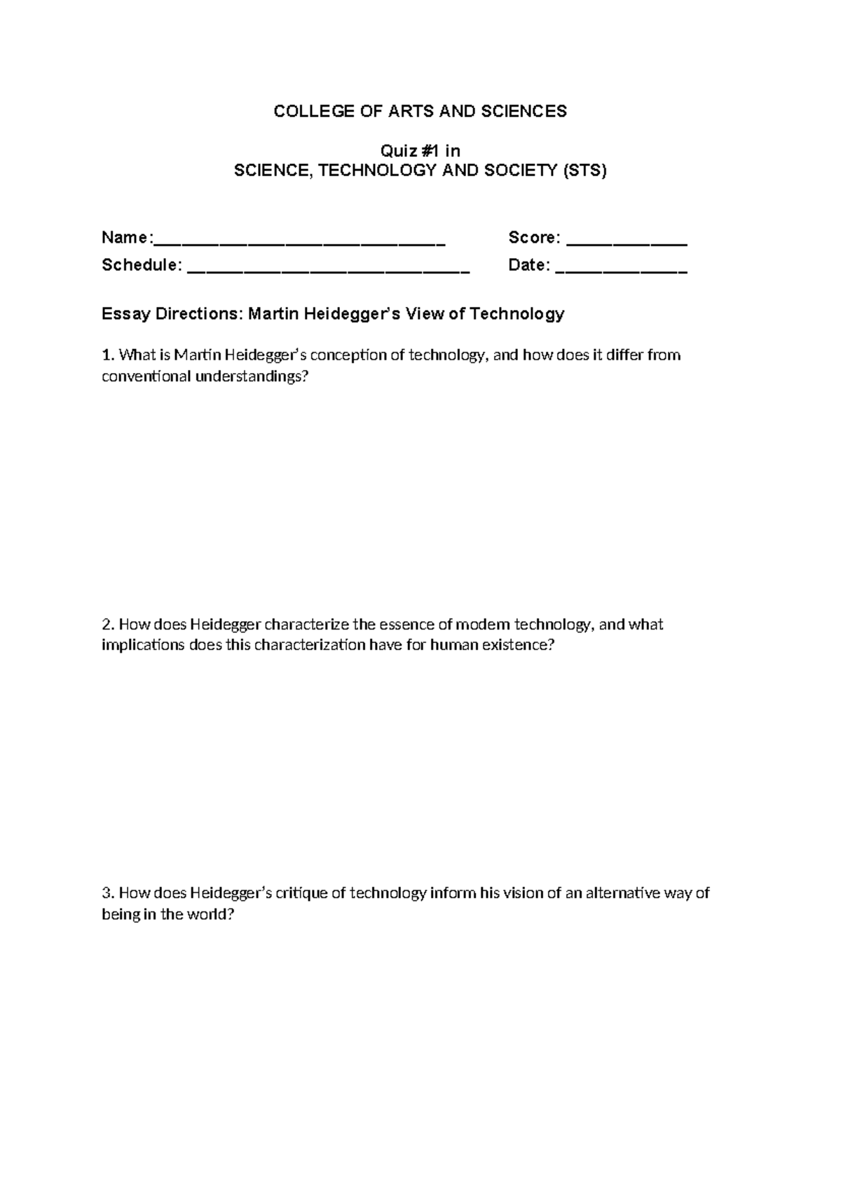 STS Quiz 1 - COLLEGE OF ARTS AND SCIENCES Quiz #1 in SCIENCE ...