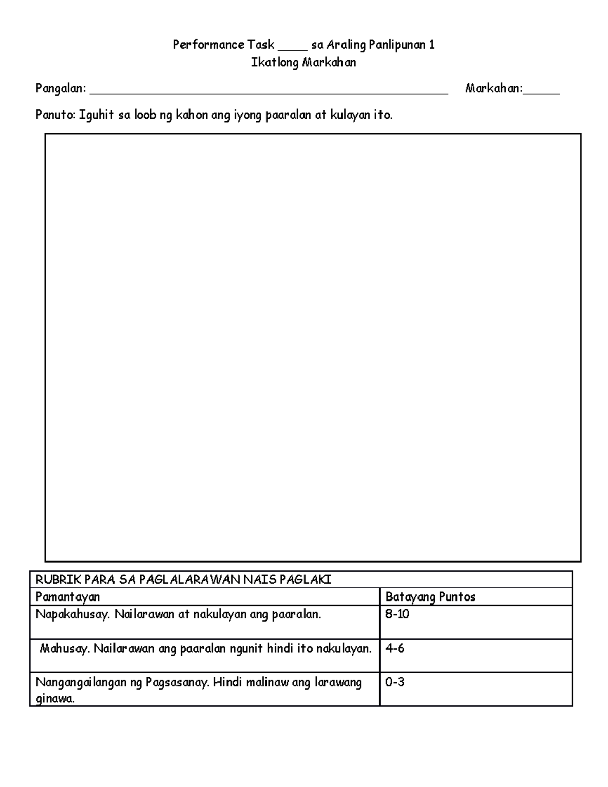 Performance Task 1 Q3 - Performance Task ____ sa Araling Panlipunan 1 Ikatlong Markahan Pangalan ...