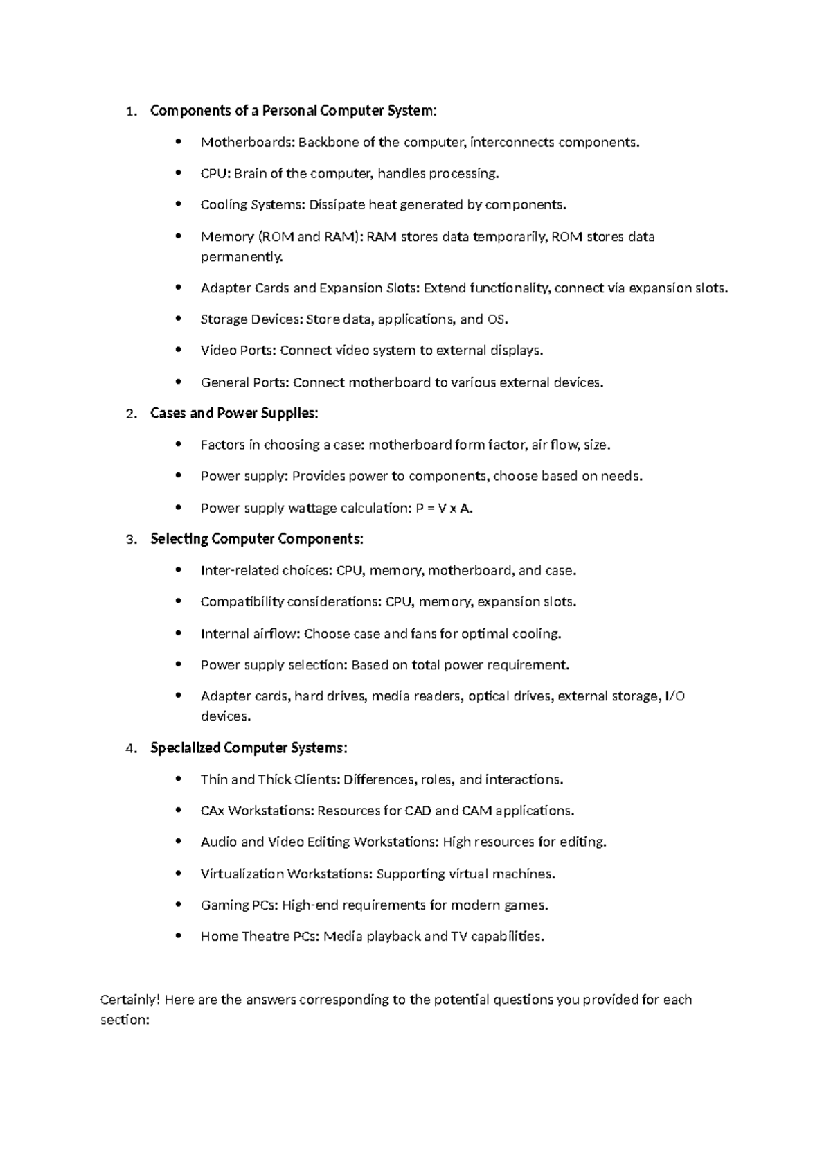 IT B1-B3 main point - 1. Components of a Personal Computer System ...