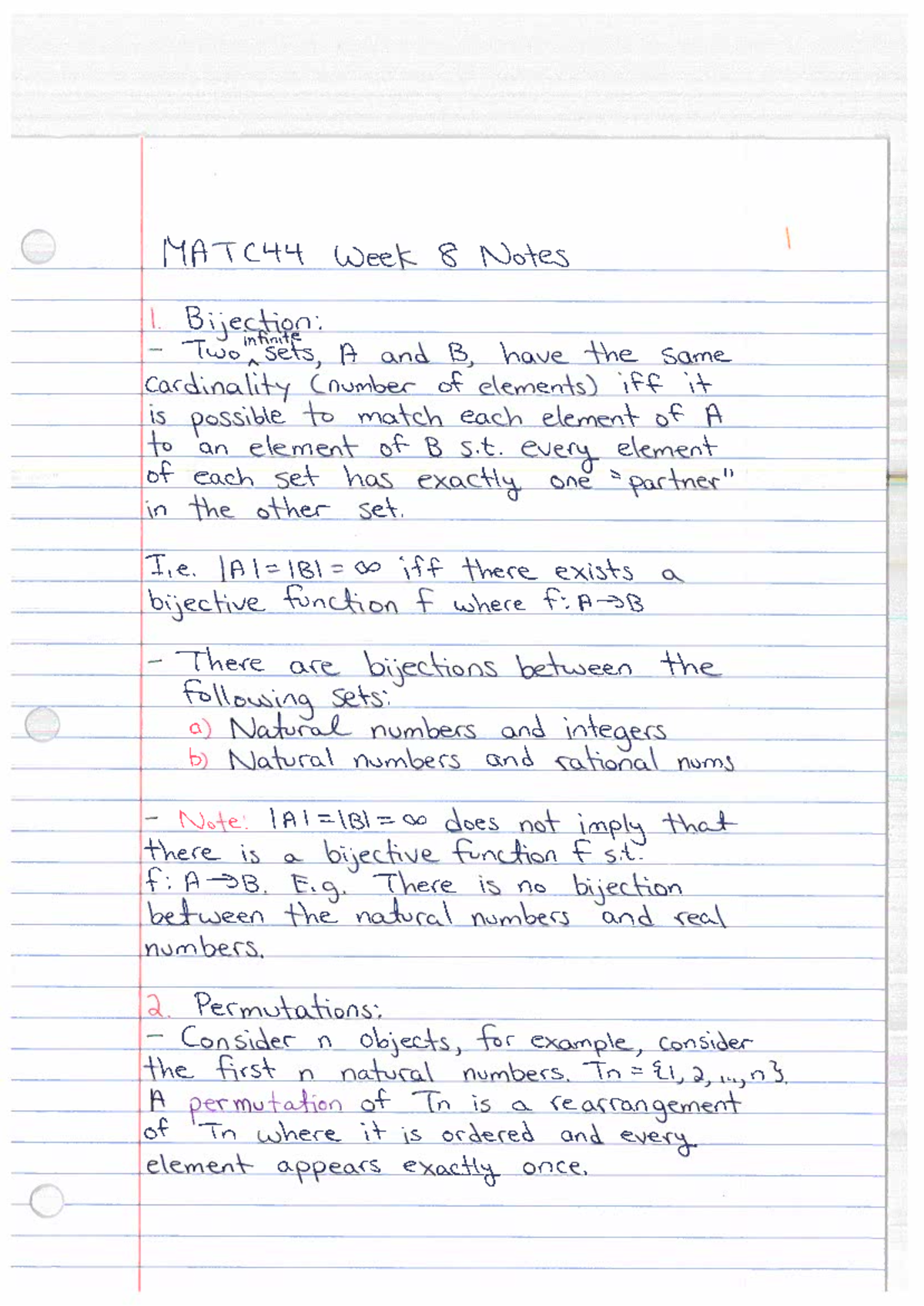 MATC44 Week 8 Notes - Week 8 - MATC44 Week 8 Notes 1. Bijection ...
