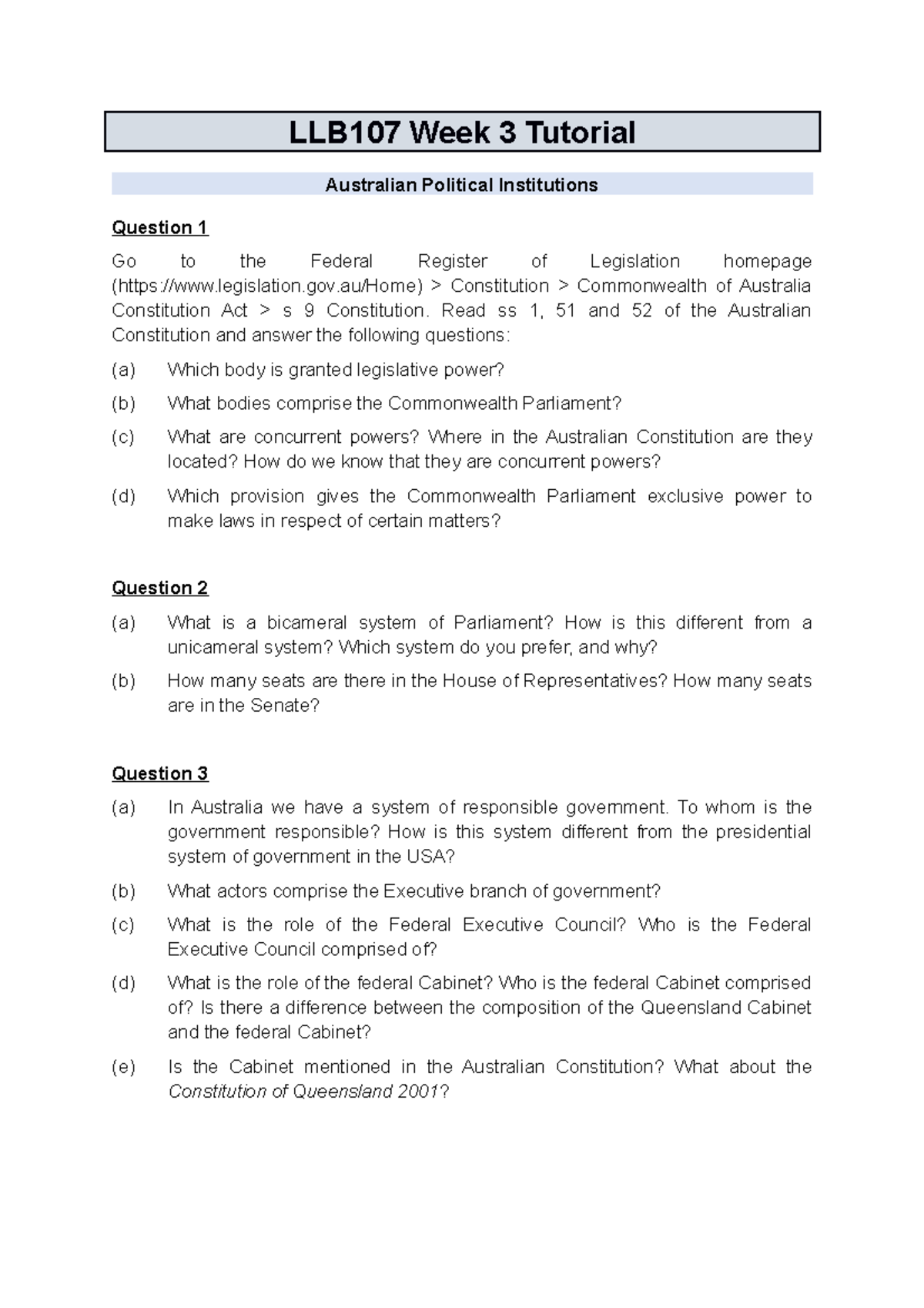LLB107 Week 3 Tutorial 2 Australian Political Institutions - LLB107 Week 3 Tutorial Australian ...