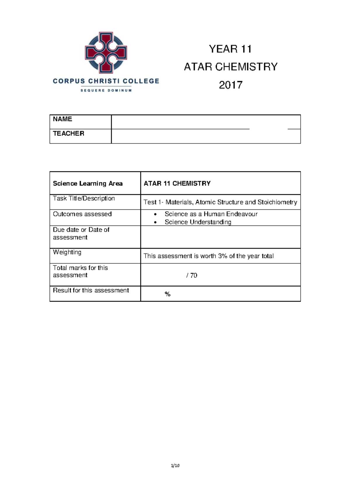 Yr 11 Materials Atomic Structure and Stoichiometry Test 1 2017 for ...