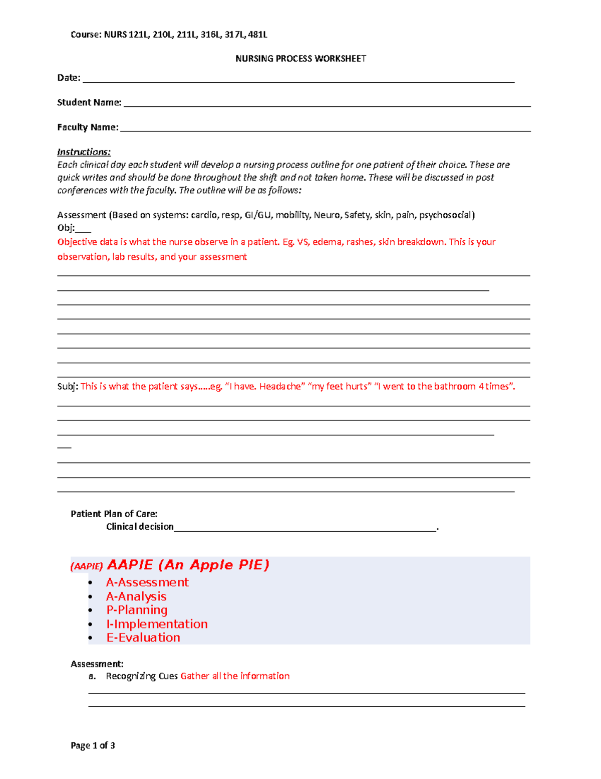 Nursing Process Worksheet - Course: NURS 121L, 210L, 211L, 316L, 317L ...