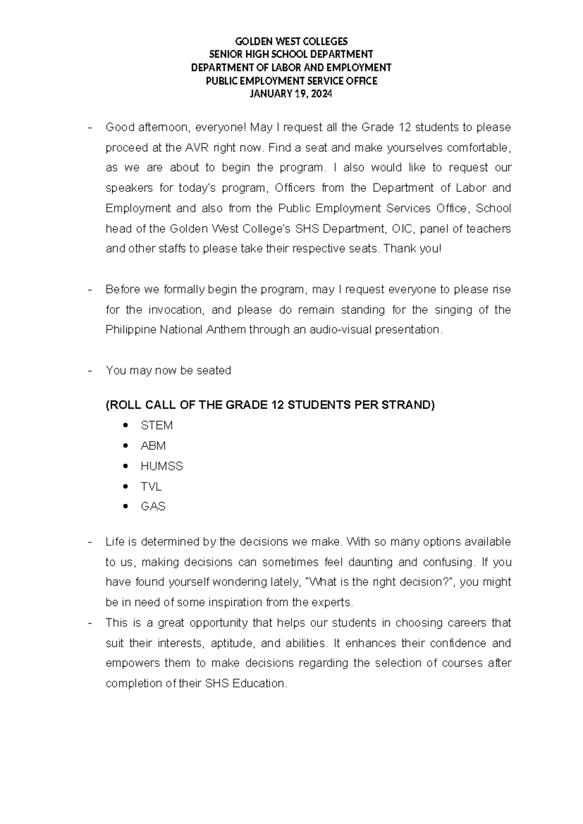 Script Program DOLE Orientation G12 Students - SENIOR HIGH SCHOOL ...