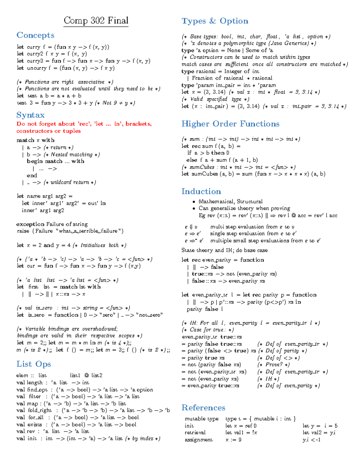 final CRIB Sheet REAL 335 - Comp 302 Final Concepts let curry f = (fun ...