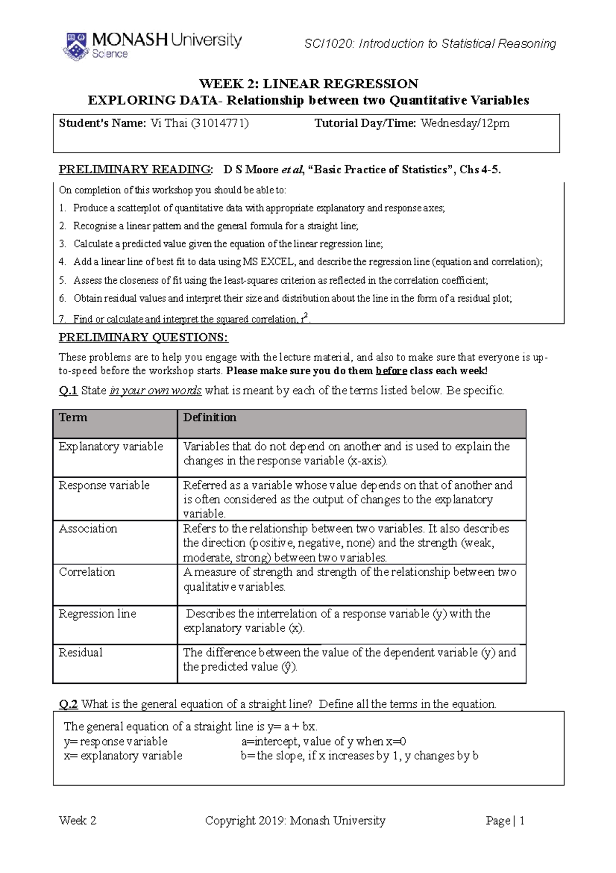 Week 2 workshop sci1020.docx - SCI1020: Introduction to Statistical Reasoning WEEK 2: LINEAR ...