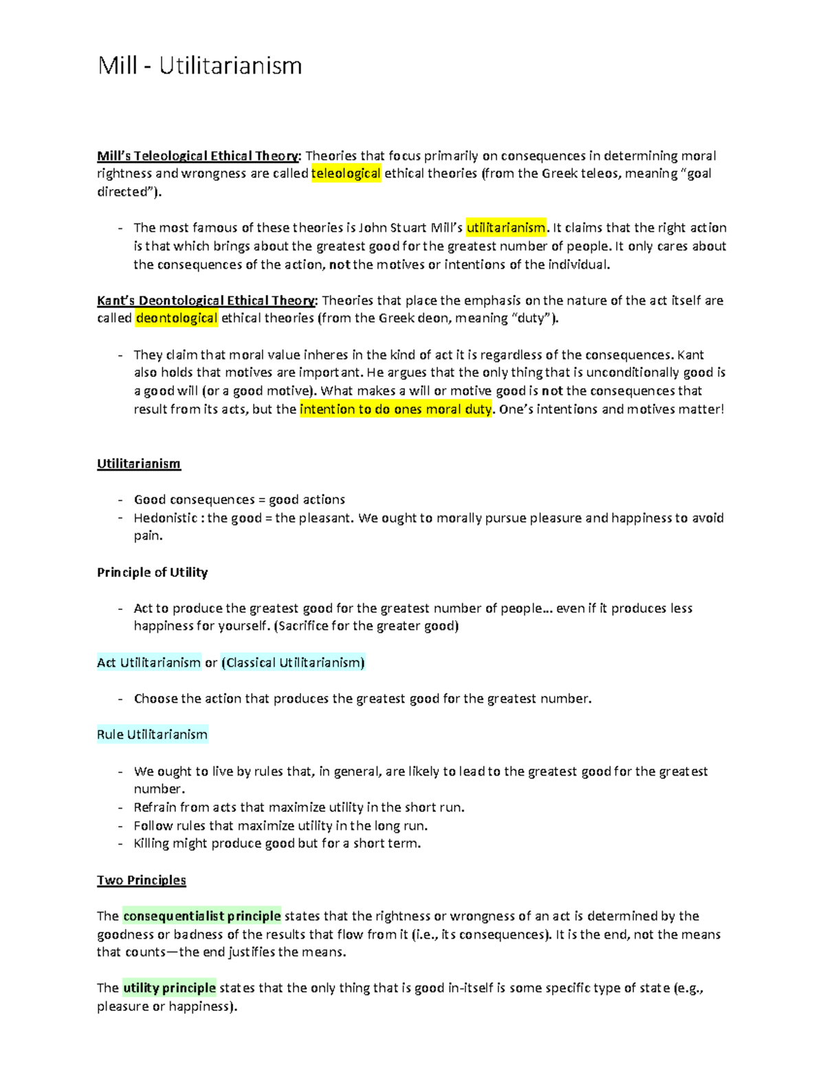 Mill - Utilitarianism - Lecture notes 5 - Mill Utilitarianism ...