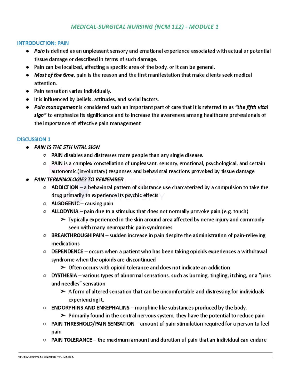 NURSING NOTES LECTURE - INTRODUCTION: PAIN Pain is defined as an ...