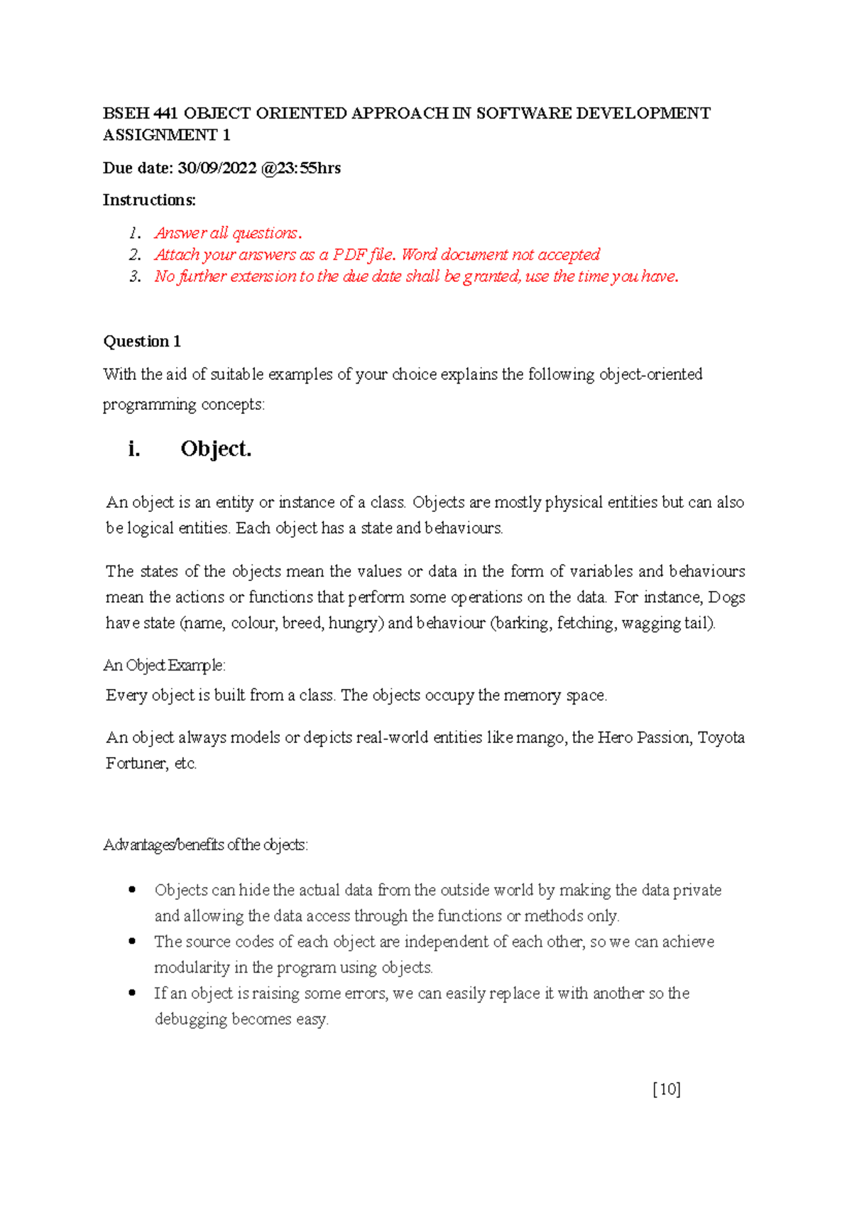 2022 BSEH 441 Object Oriented Approach IN Software Development Assignment 1 - BSEH 441 OBJECT ...