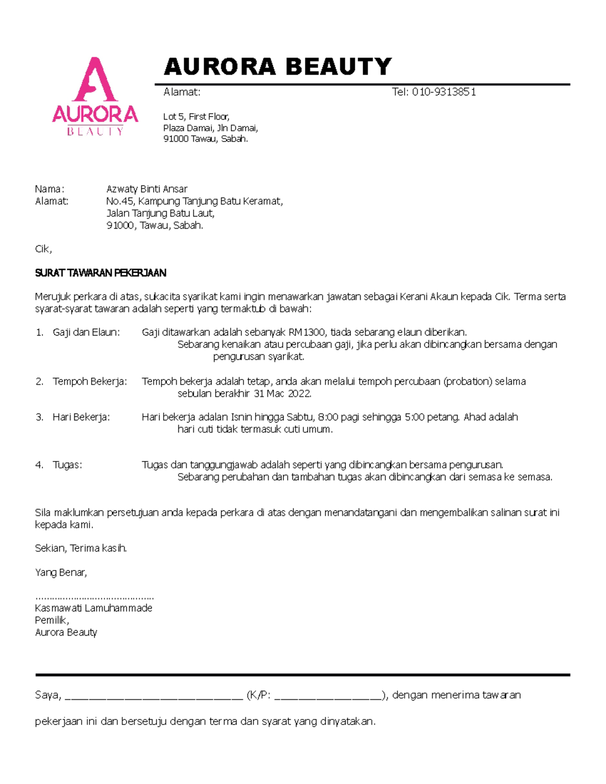 Offer Letter - Aurora Beauty - AURORA BEAUTY Alamat: Tel: 010- Lot 5 ...