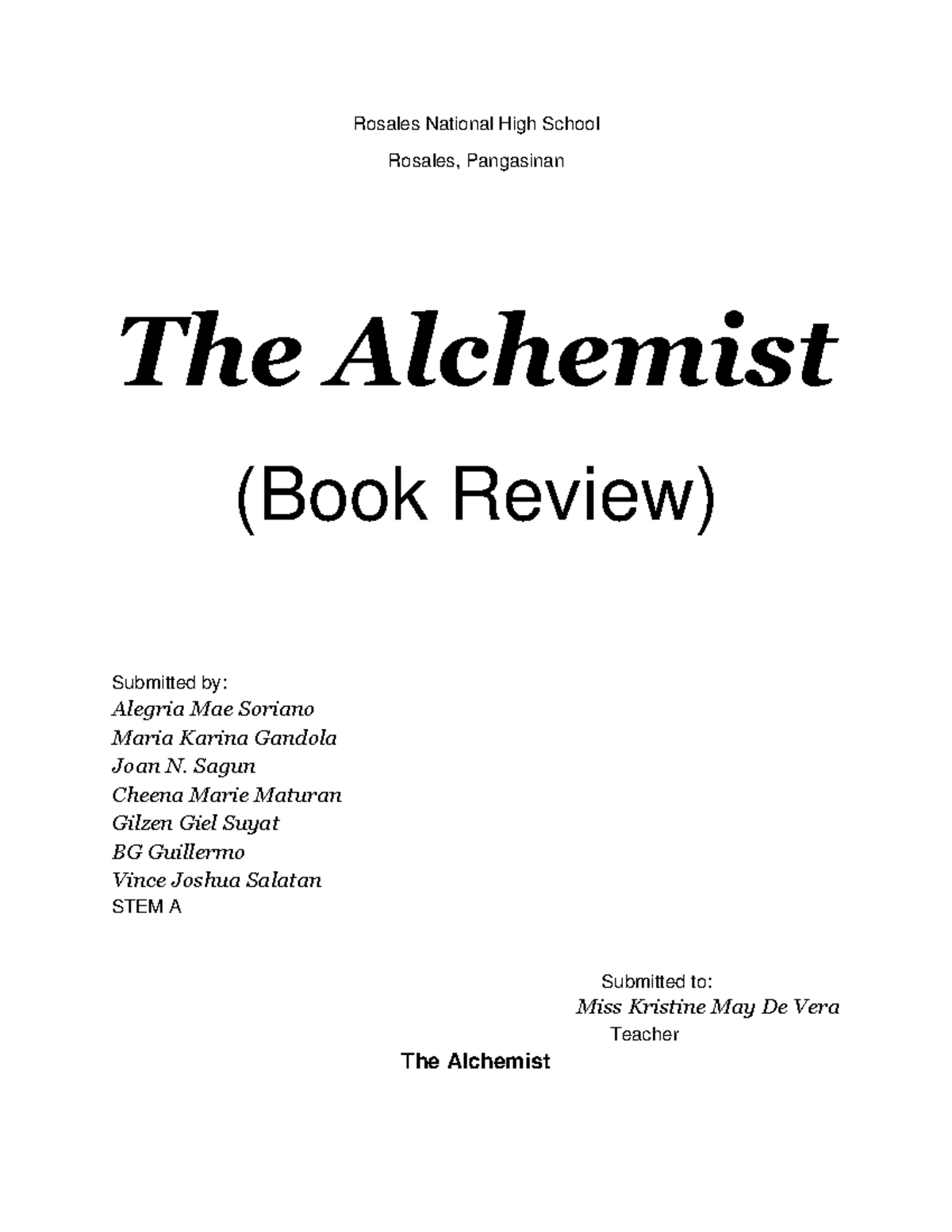 Book Review The Alchemist - Rosales National High School Rosales ...