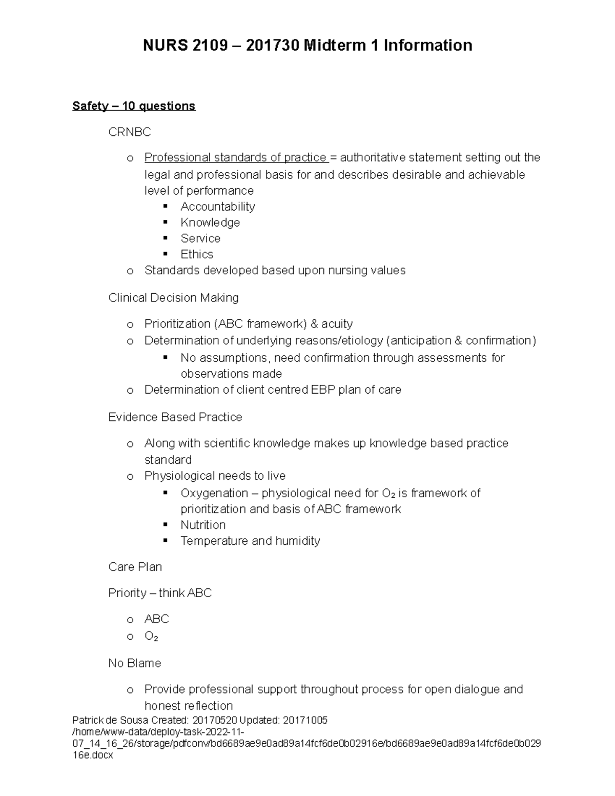 Midterm-1-Information - Safety – 10 questions CRNBC o Professional ...