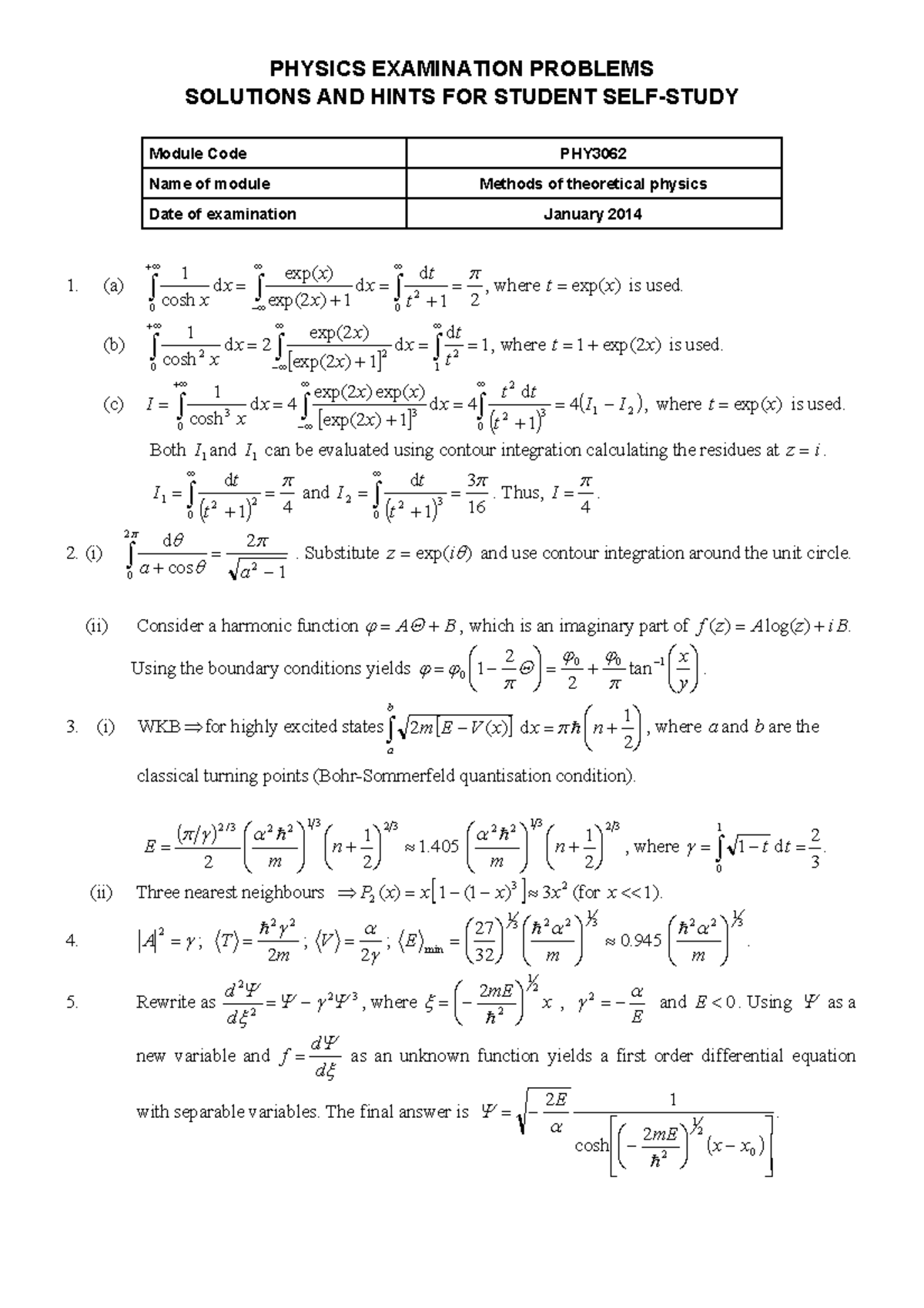 Exam January 2014, answers - PHYSICS EXAMINATION PROBLEMS SOLUTIONS AND ...