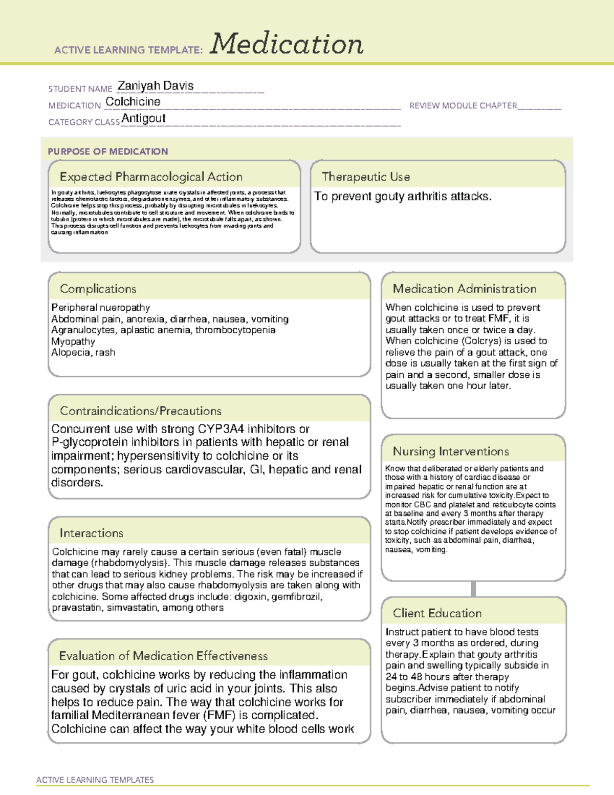 Colchicine - N/A - ACTIVE LEARNING TEMPLATES Medication STUDENT NAME ...