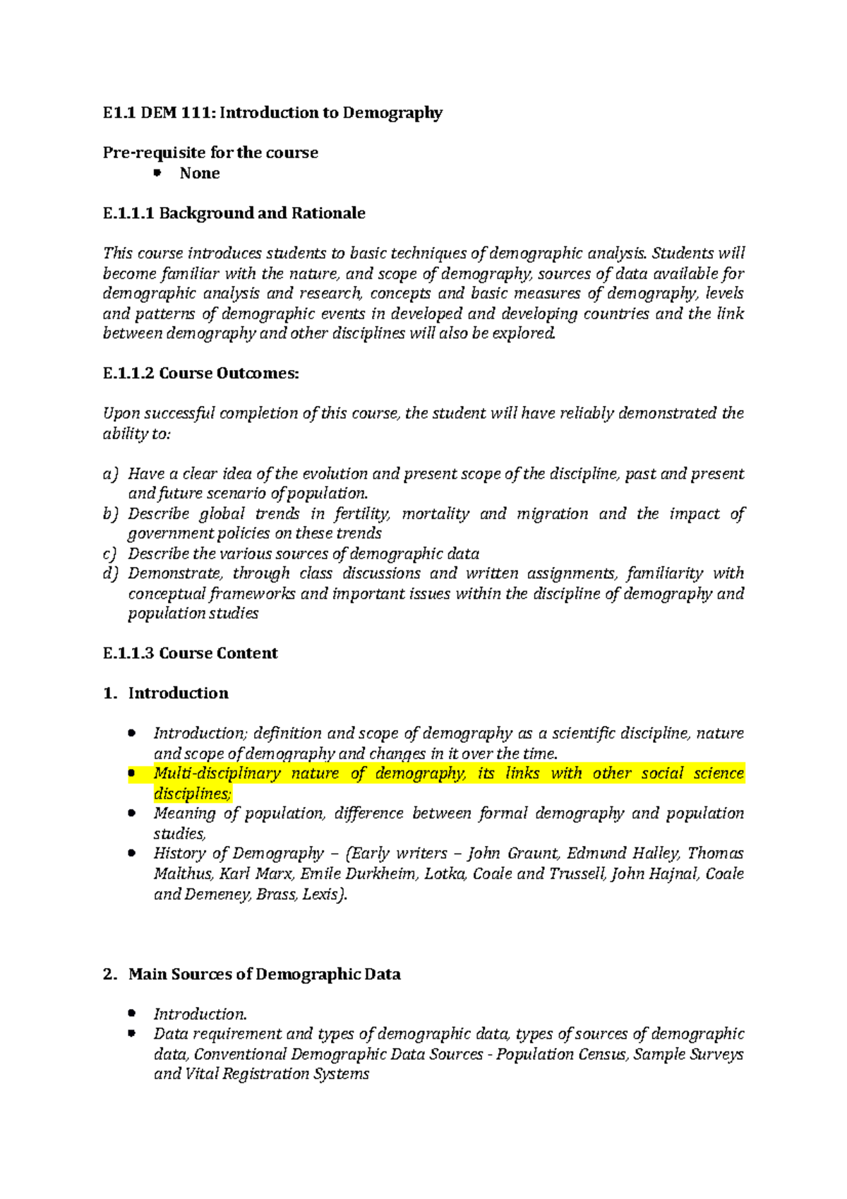 DEM111 - Introduction to Demography course outline - E1 DEM 111 ...