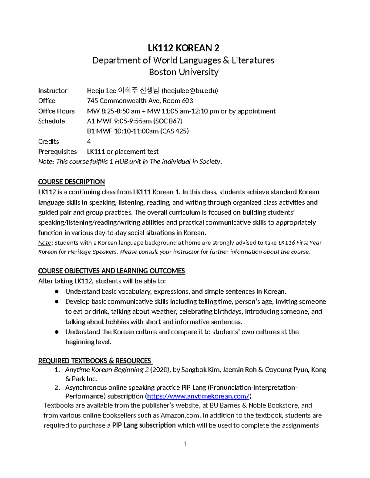 LK112 Syllabus (Spring 2024) - LK112 KOREAN 2 Department of World ...