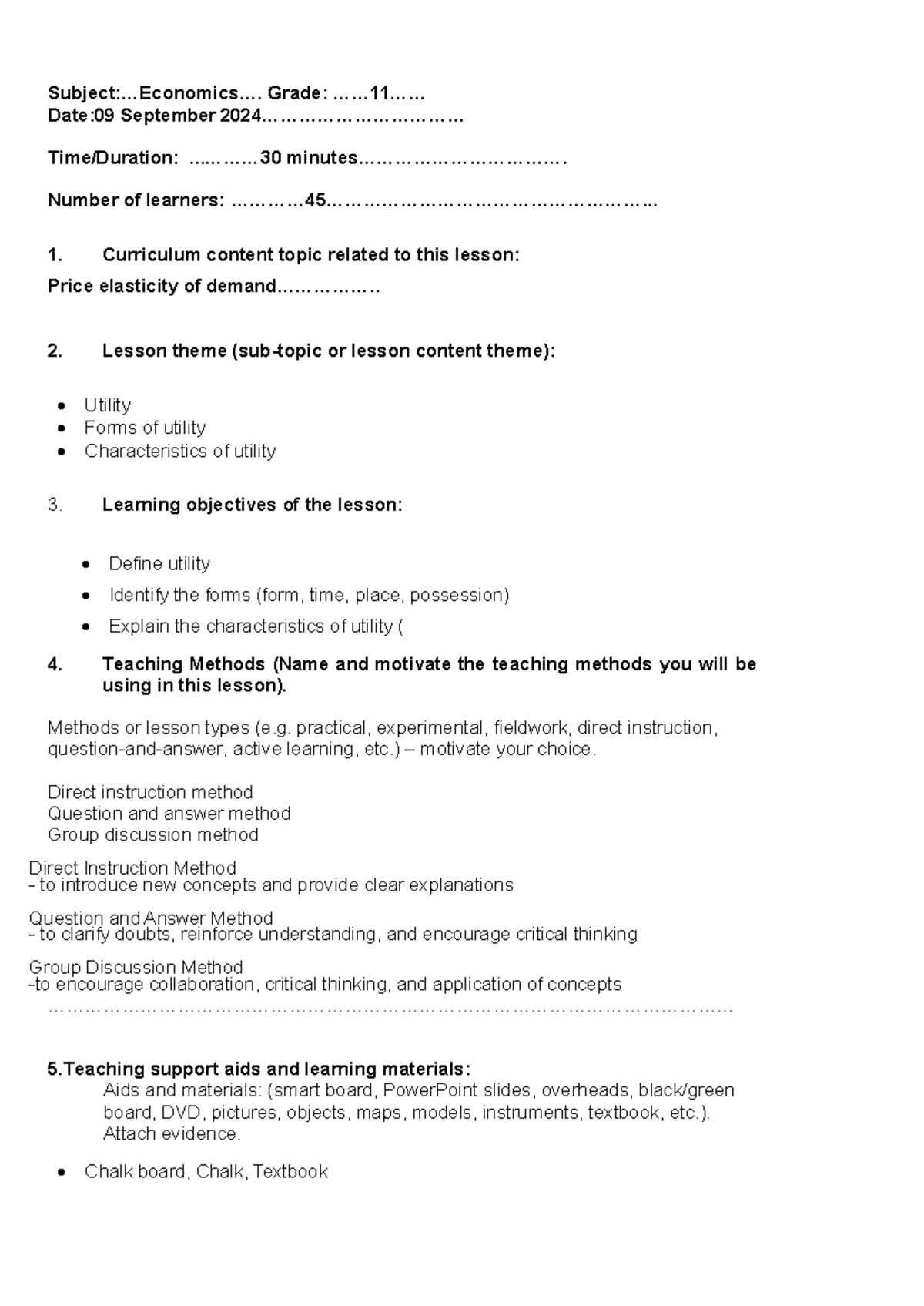 Economics lesson plan - Subject:...... Grade: ........... Date:09 ...