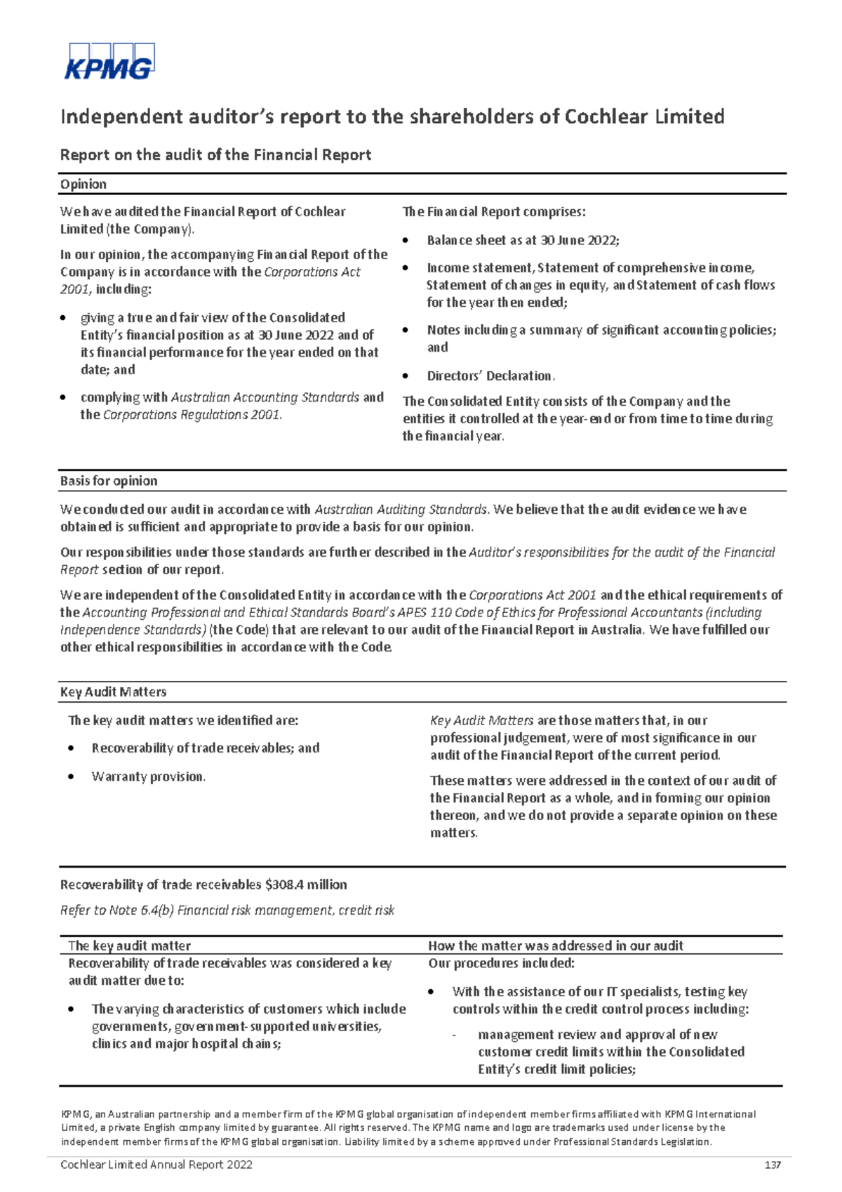 2022 Auditor's report - KPMG, an Australian partnership and a member ...