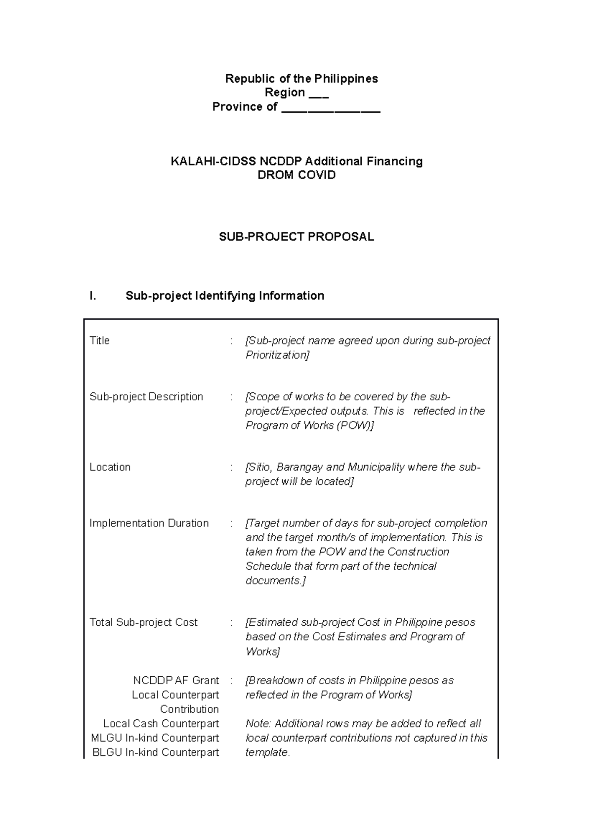 Proposal Guide - Republic of the Philippines Region ___ Province of ...