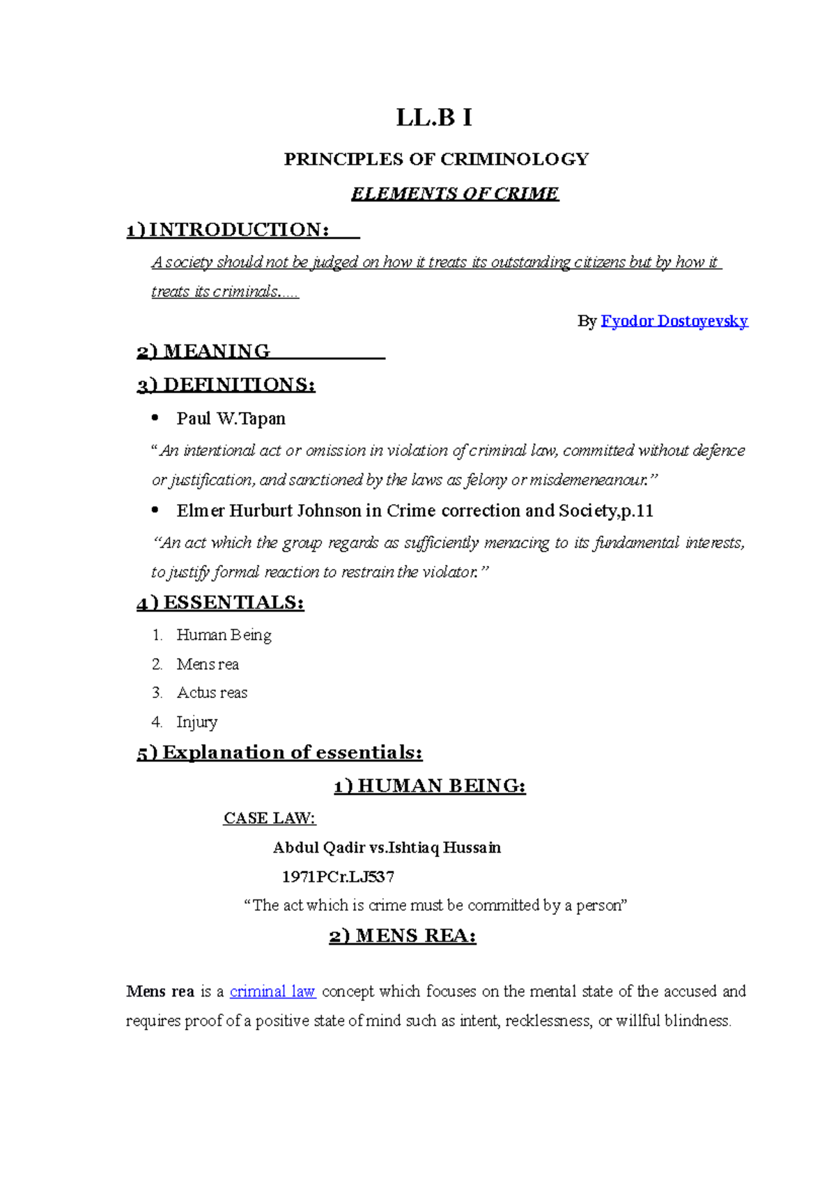 Criminology - Lecture notes 1 - LL I PRINCIPLES OF CRIMINOLOGY ELEMENTS ...