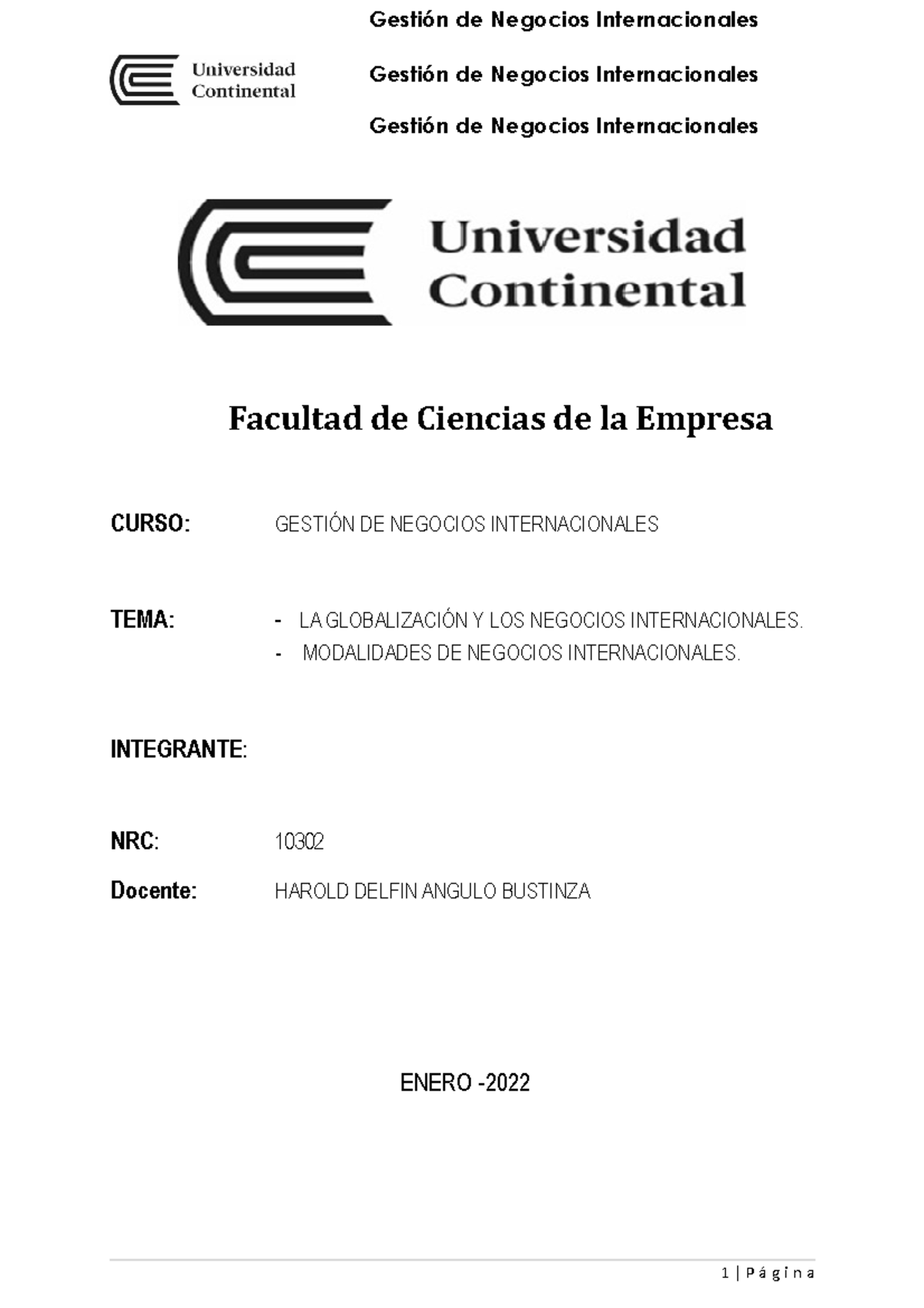 Pa1 Gestión De Negocios Internacionales Facultad De Ciencias De La