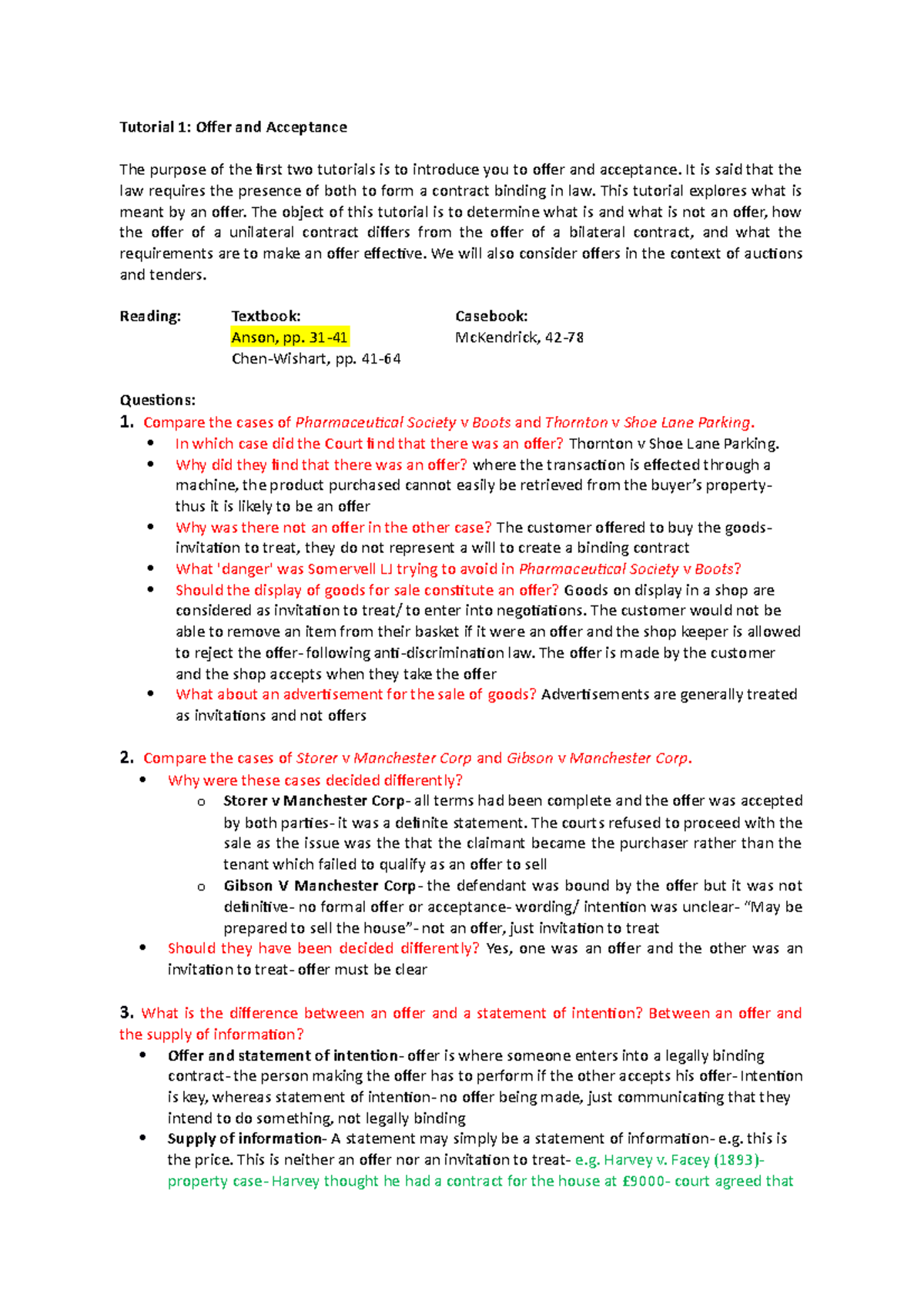 Tutorial 1 worksheet - Tutorial 1: Offer and Acceptance The purpose of the first two tutorials ...