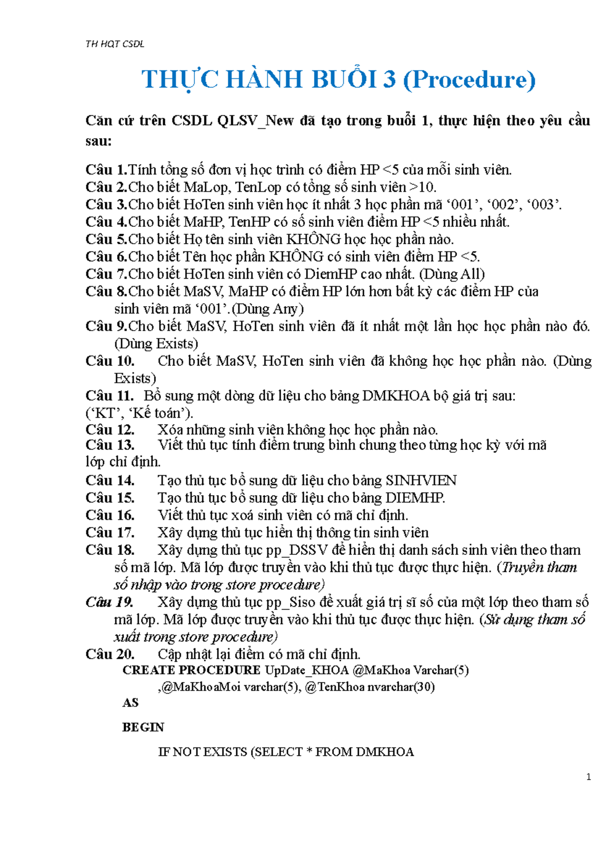 Buoi3 Sql Server Nhóm 1 Qlsv New Procedure Th Hqt Csdl ThỰc HÀnh BuỔi 3 Procedure Căn Cứ