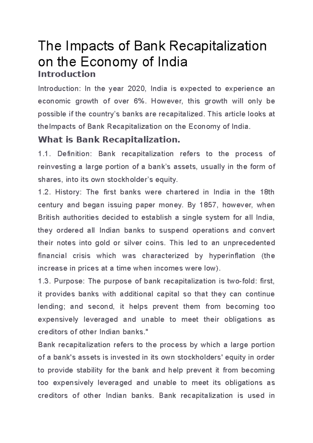 The Impacts of Bank Recapitalization on the Economy of India - The ...
