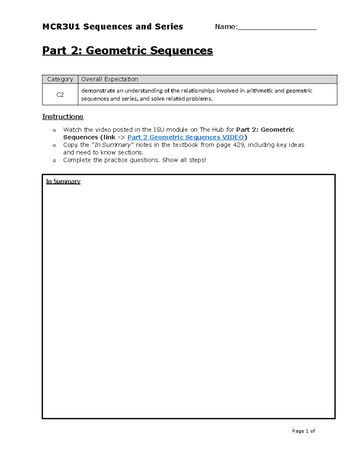 Part 2 Geometric Sequences - In Summary Page 1 of Part 2: Geometric ...