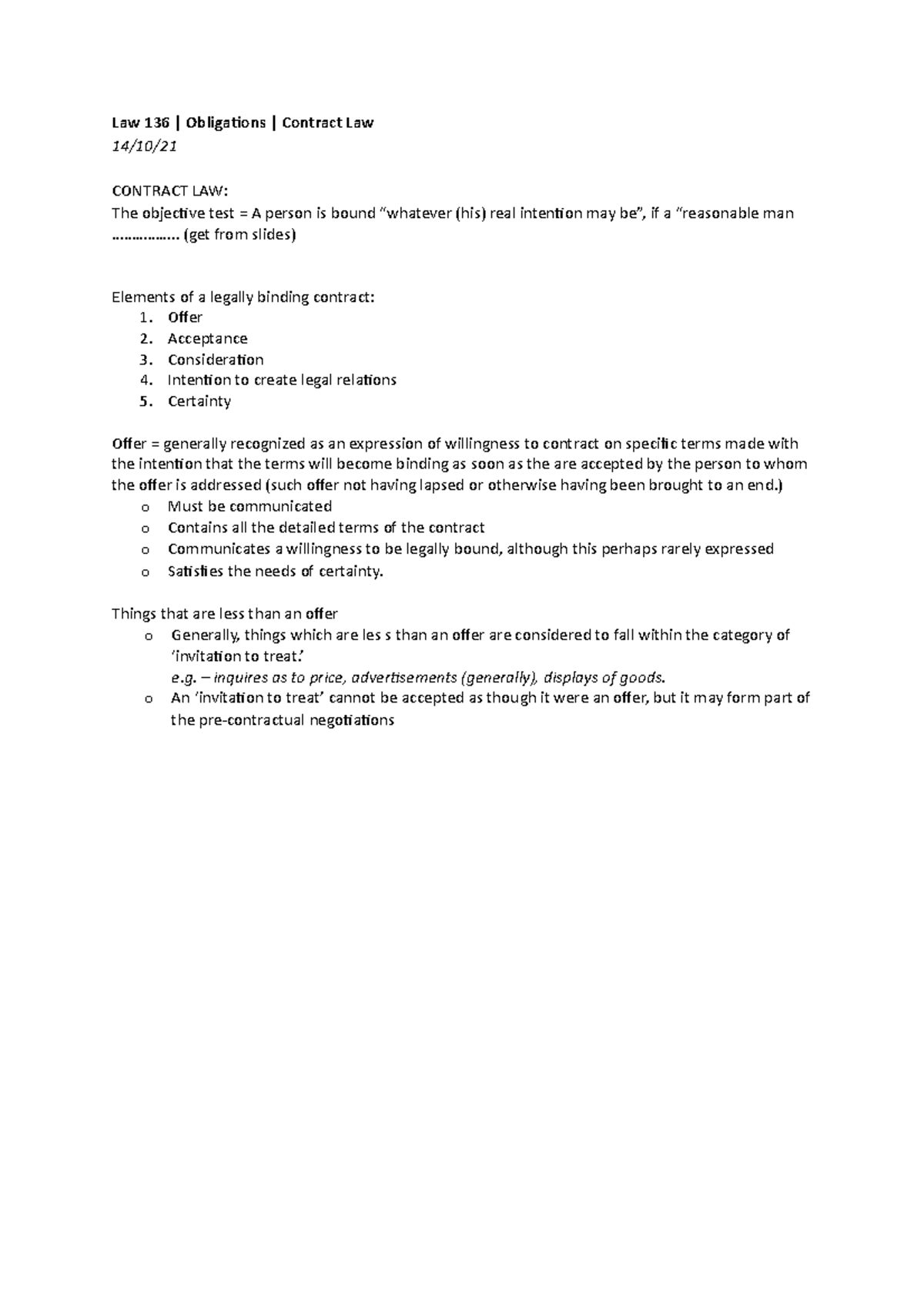 Lecture 2 - Contract Law - Law 136 | Obligations | Contract Law 14/10/ CONTRACT LAW: The ...