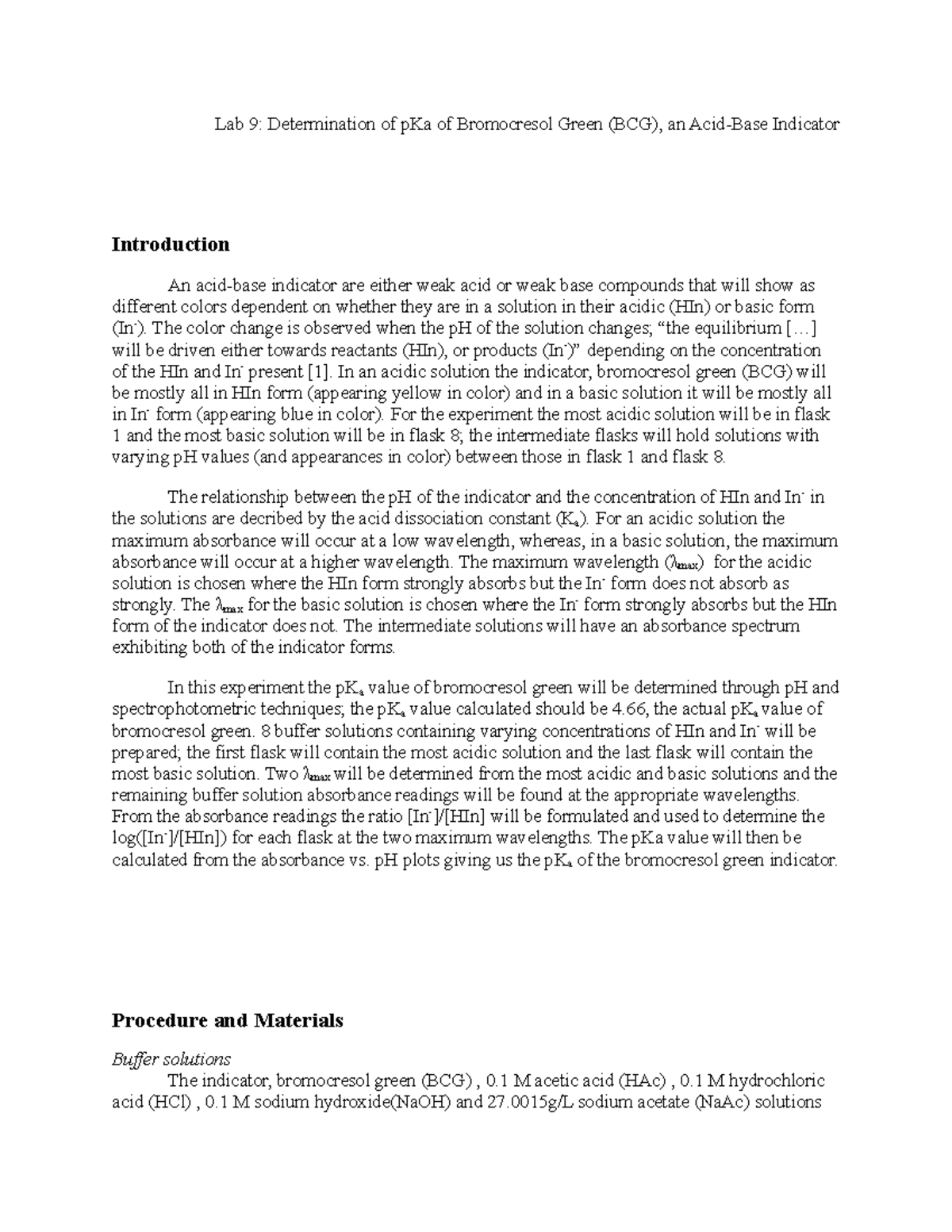Analytical chemistry lab 9 report - Lab 9: Determination of pKa of ...