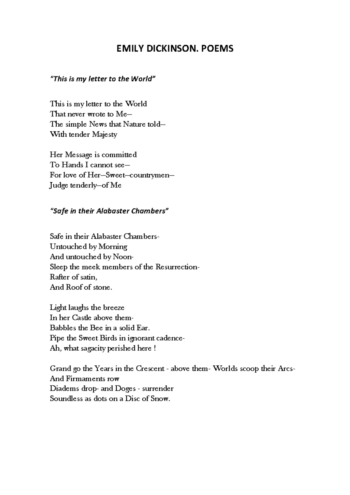 Emily Dickinson. poems - EMILY DICKINSON. POEMS “This is my letter to ...