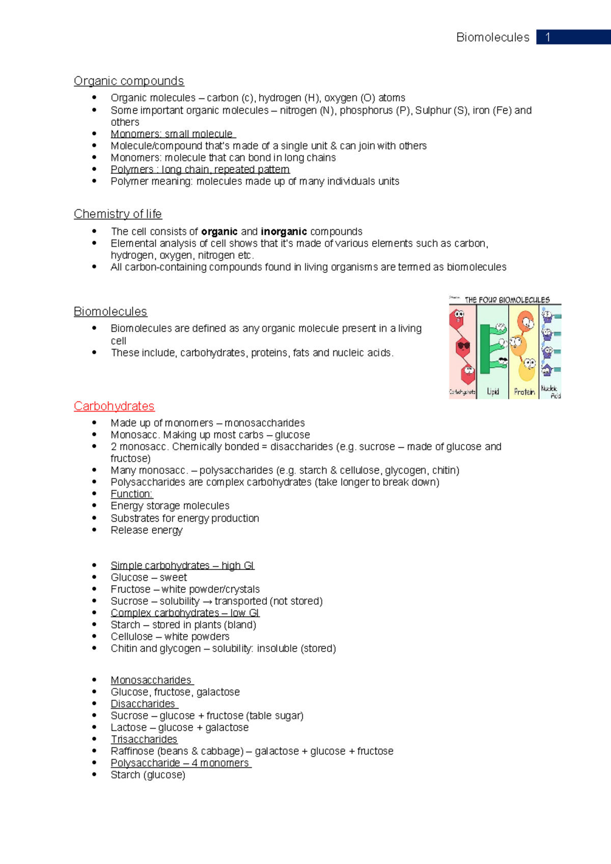 Biomolecules Notes - Organic compounds Organic molecules – carbon (c ...
