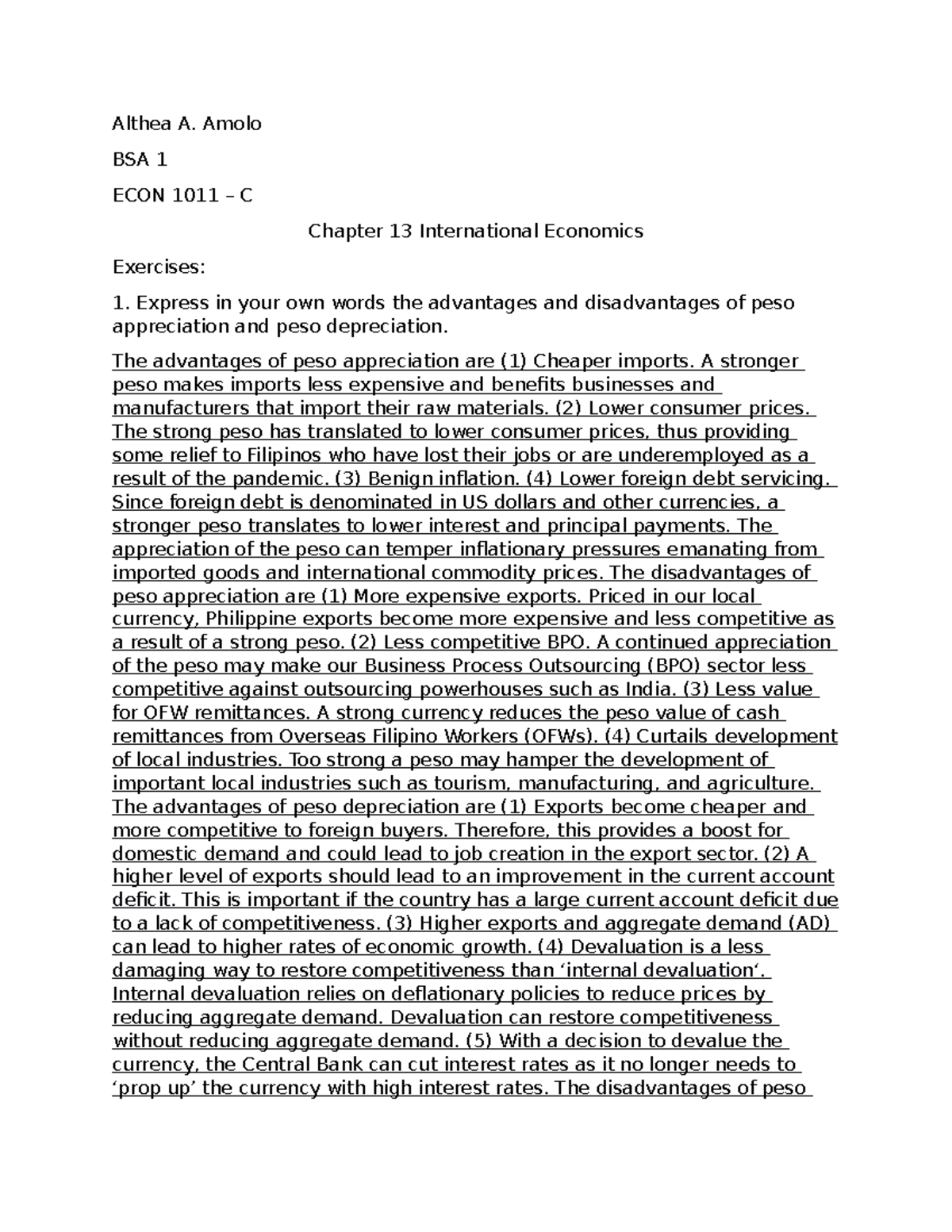 Chapter 13 International Economics - Althea A. Amolo BSA 1 ECON 1011 – C Chapter 13 ...