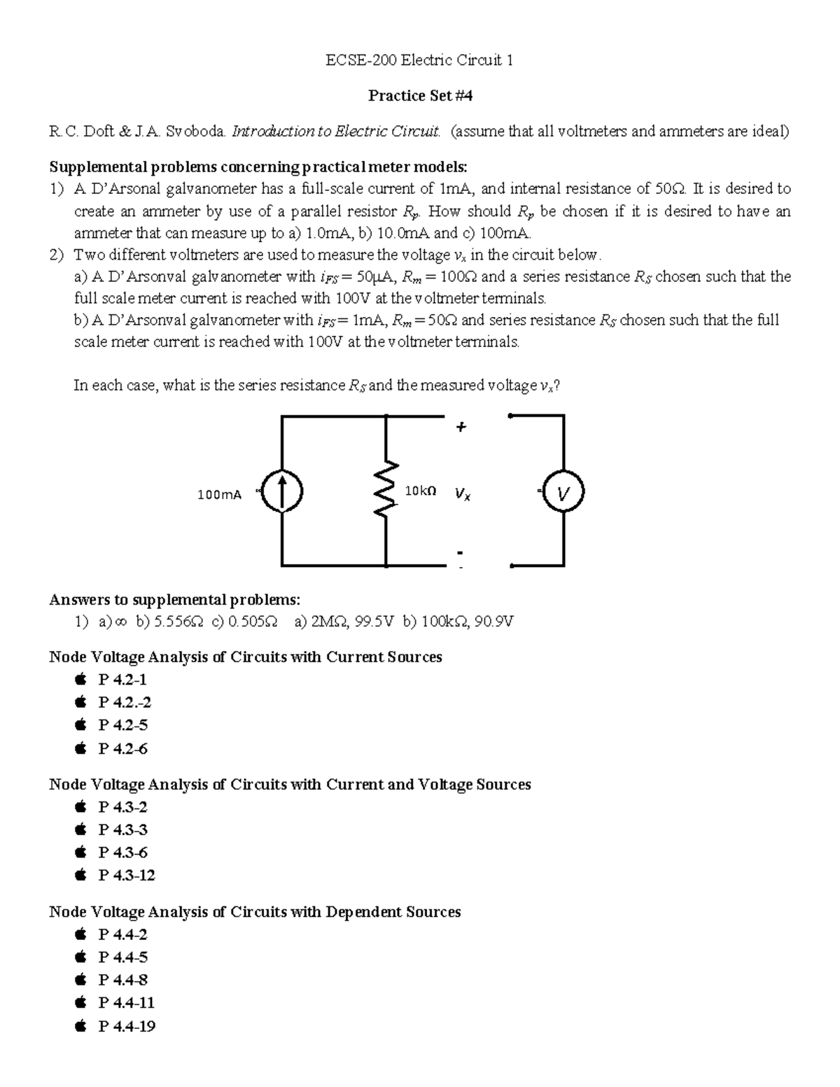 Problem Set #4 - F2020 - ECSE-200 Electric Circuit 1 Practice Set # 4 R. Doft & J. Svoboda ...