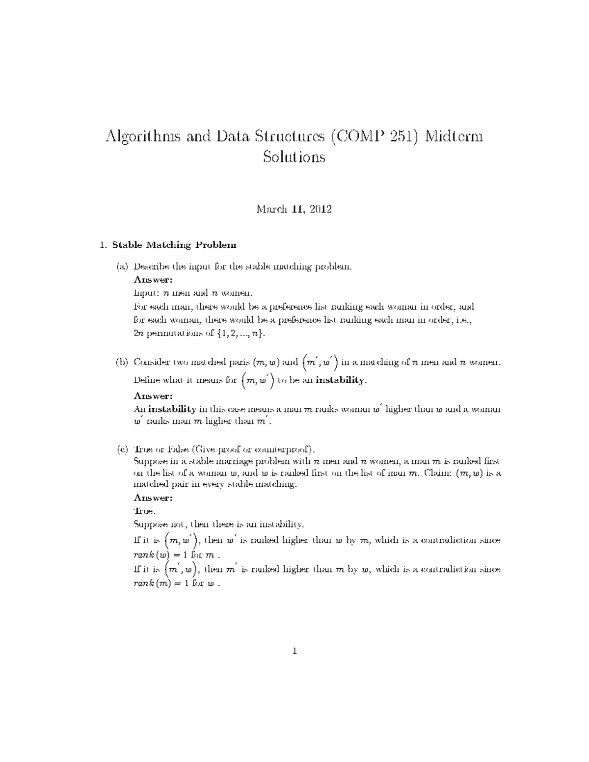 Practice midterm COMP251 W2012 with answer - Algorithms and Data Structures (COMP 251) Midterm ...