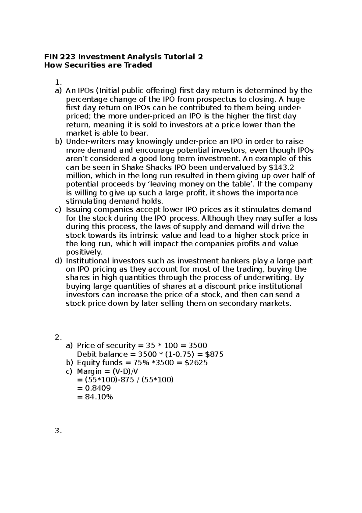Wk 3 tutorial questions - FIN 223 Investment Analysis Tutorial 2 How ...