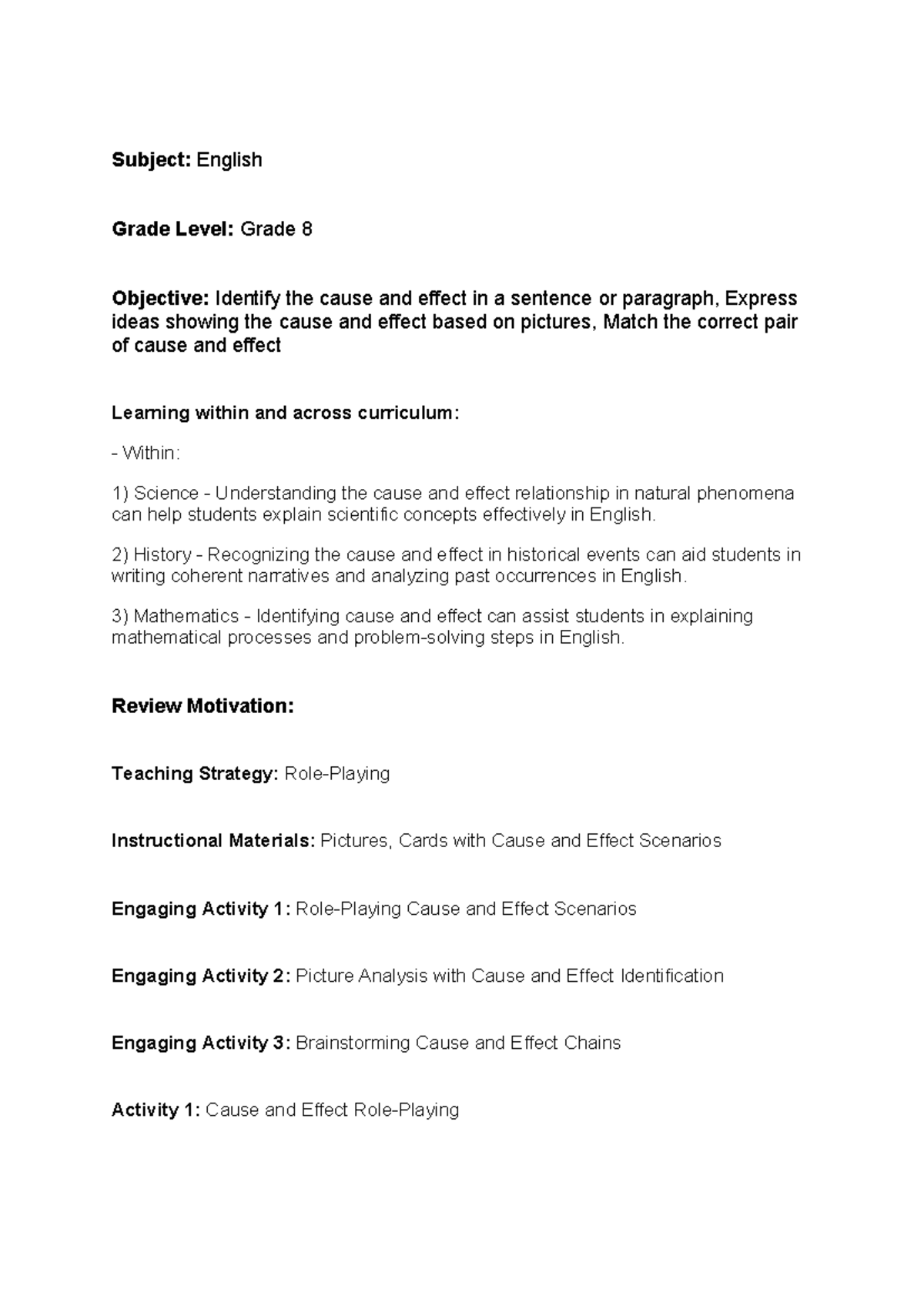 Lesson plan - For grade 8 student - Subject: English Grade Level: Grade ...