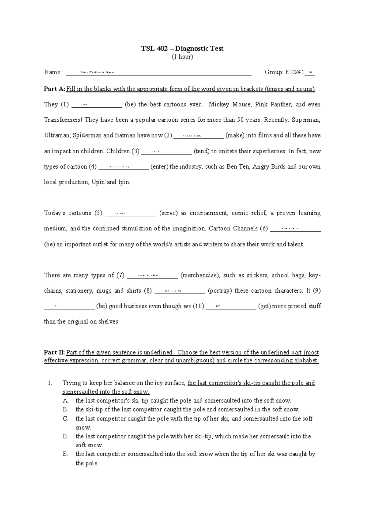 1Adiagnosticccccc - TSL 402 – Diagnostic Test (1 hour) Name: - Studocu