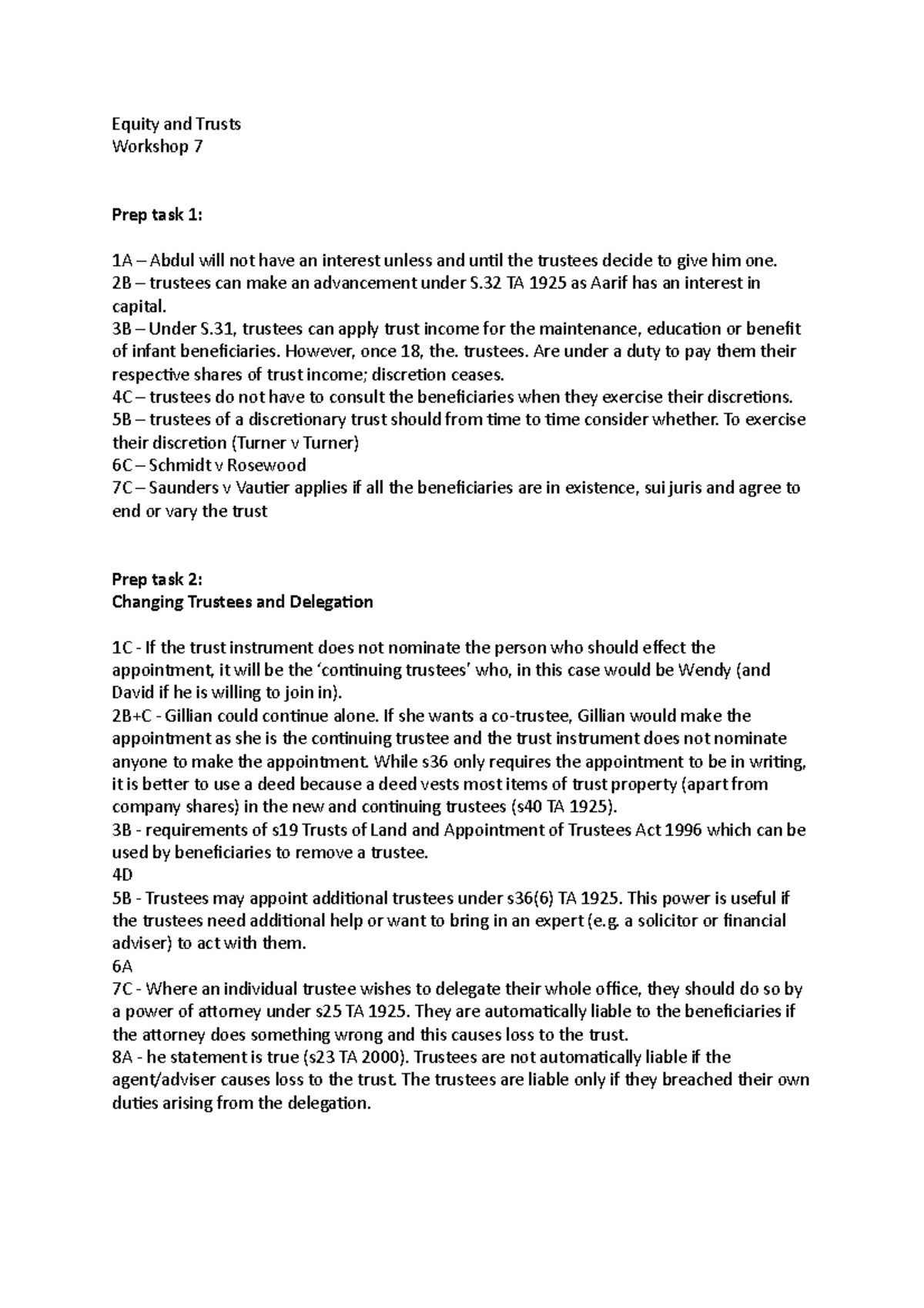 Equity and Trusts WS 7 - Equity and Trusts Workshop 7 Prep task 1: 1A ...