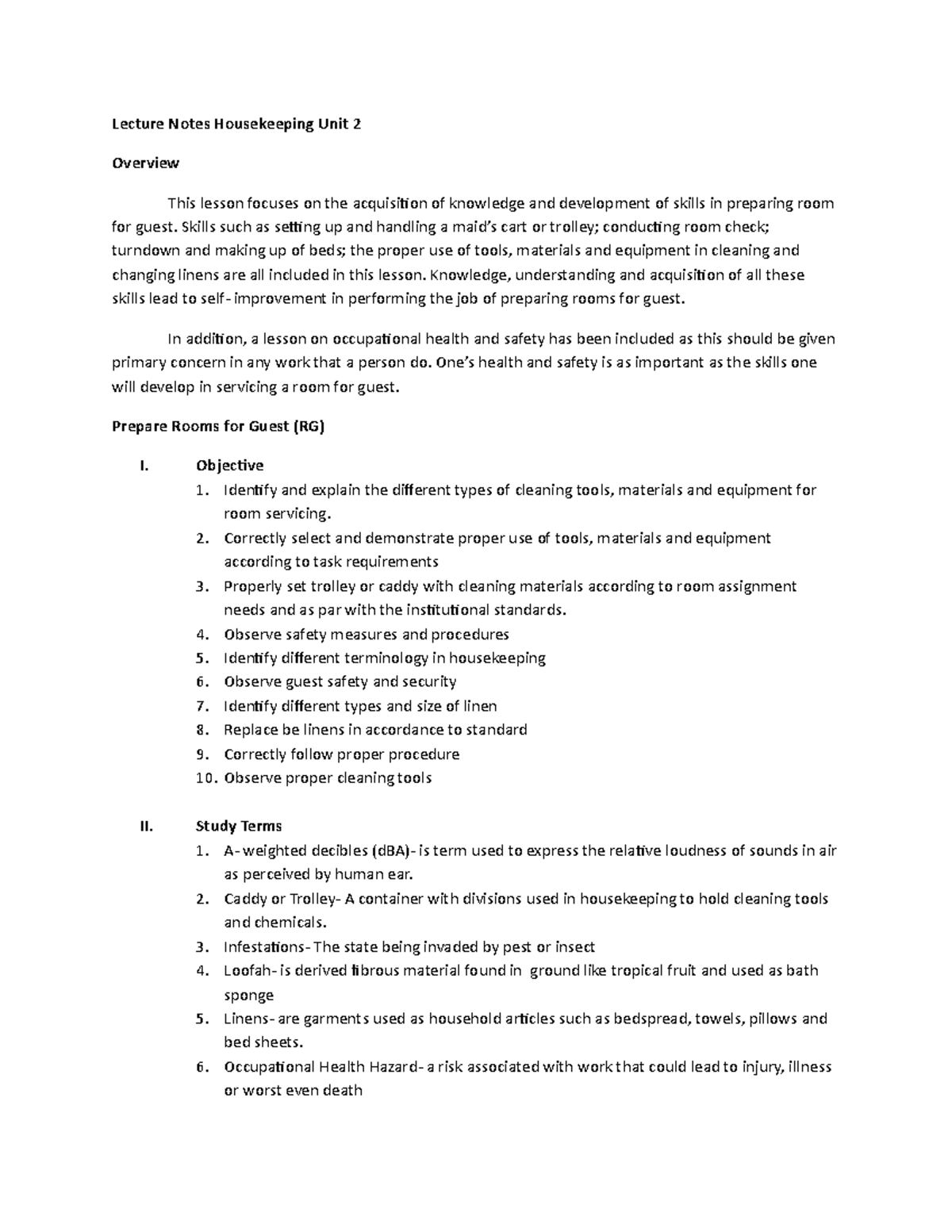 Lecture Notes Housekeeping Unit 2 - Skills such as setting up and ...